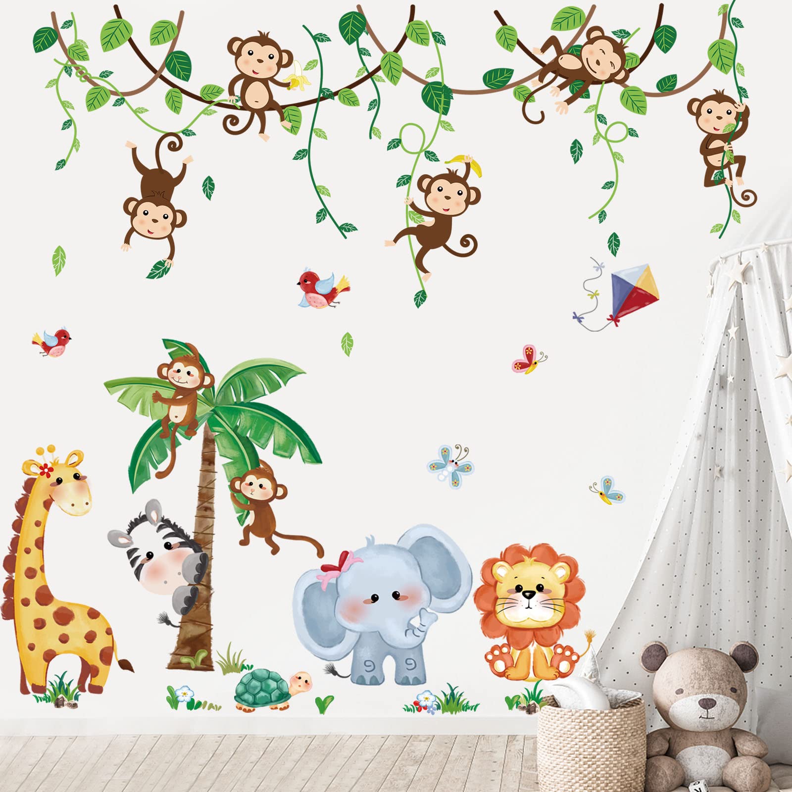 decalmile Monkey Wall Stickers Bundle with Jungle Animal Wall Stickers Baby Nursery Kids Bedroom Wall Decor