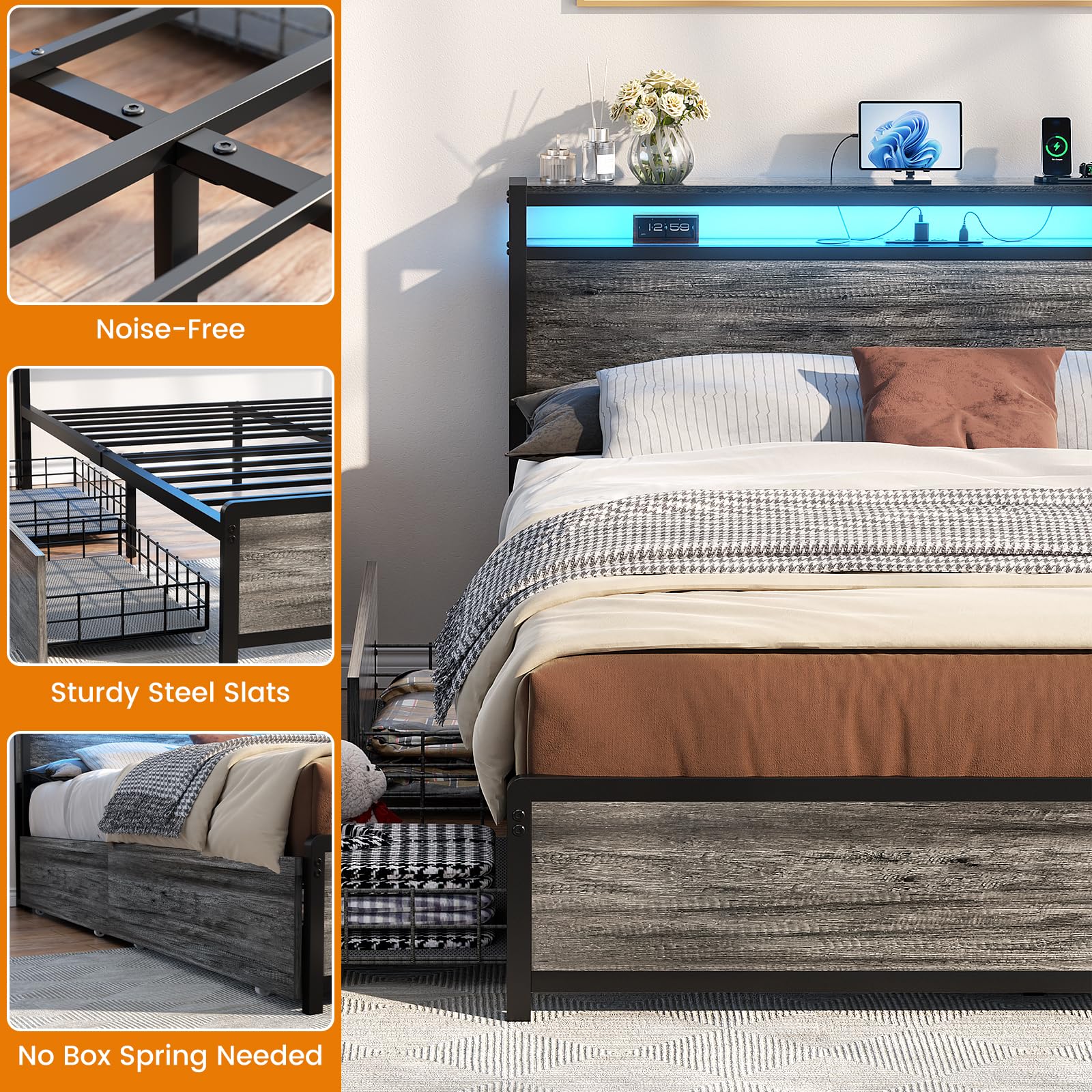 Homieasy King Size Bed Frame with 4 Storage Drawers and Charging Station, Sturdy Platform Bed with Storage Headboard and LED Light, No Box Spring Needed, Easy Assembly, Black
