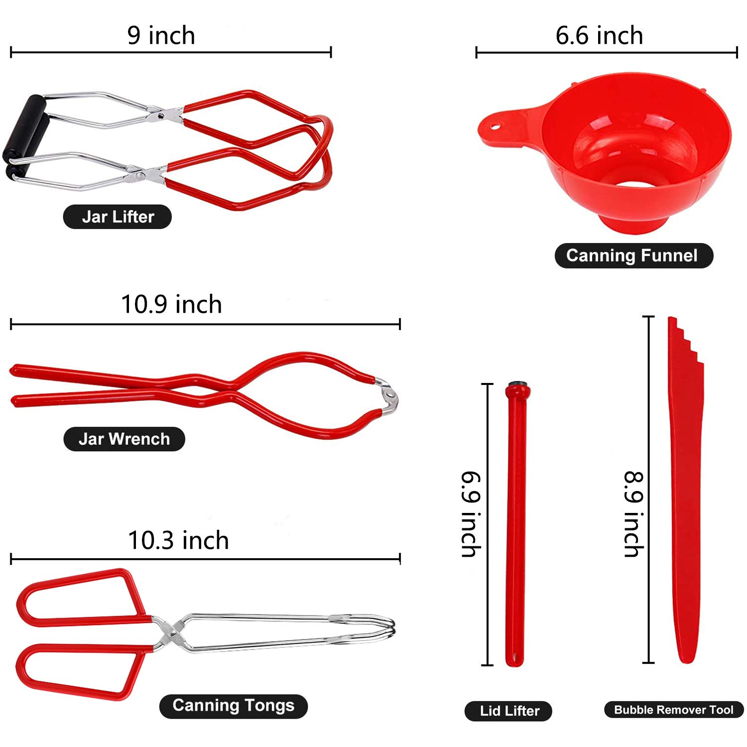 Canning Kit Canning Tools Canning Set Canning Supplies Include Canning Funnel, Jar Lifter, Jar Wrench, Lid Lifter, Canning Tongs, Bubble Popper/Bubble Measurer/Bubble Remover Tool (Red)