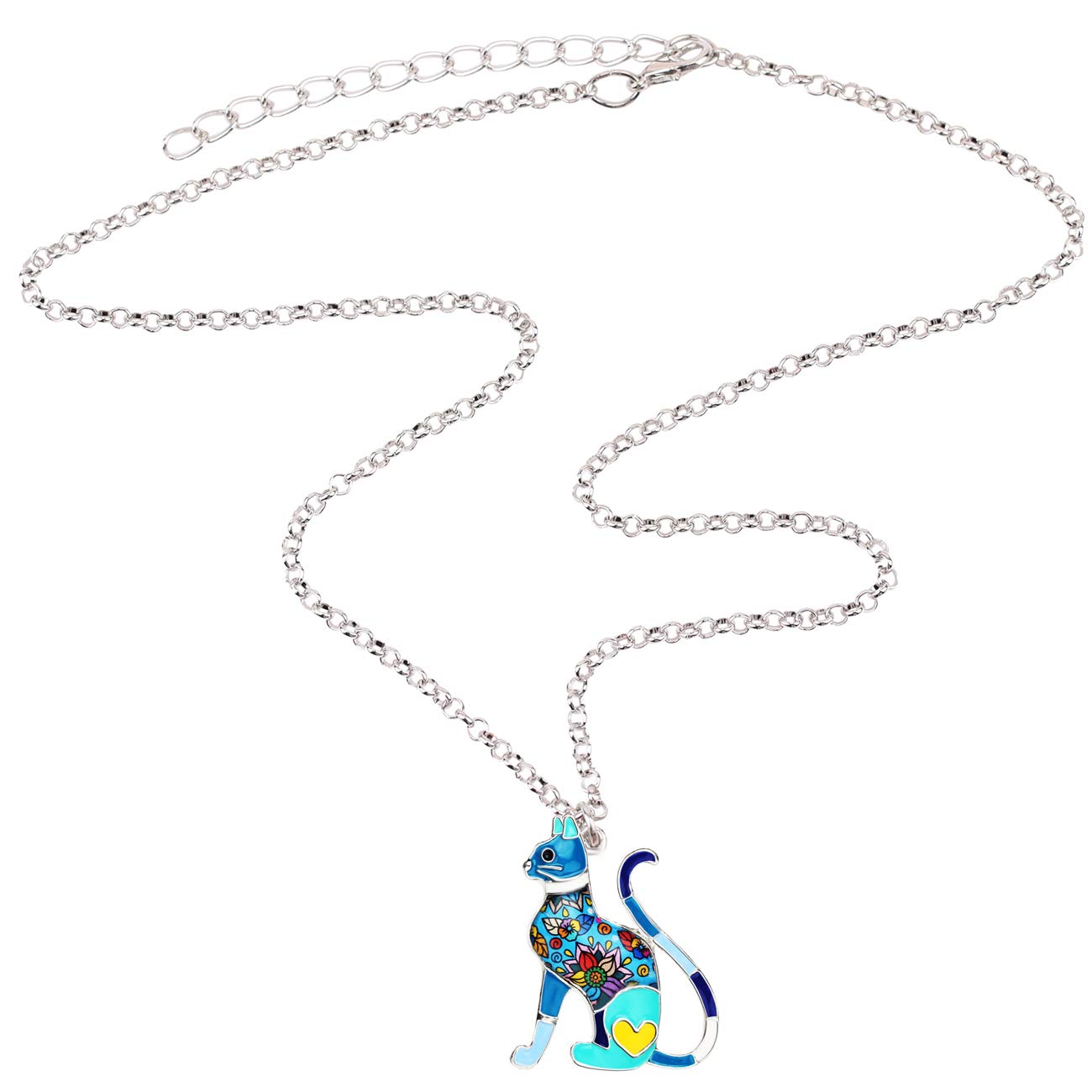 BONSNY Statement Enamel Alloy Chain Cat Necklaces Pendant Original Design For Women Jewelry Gift Charms (Blue)
