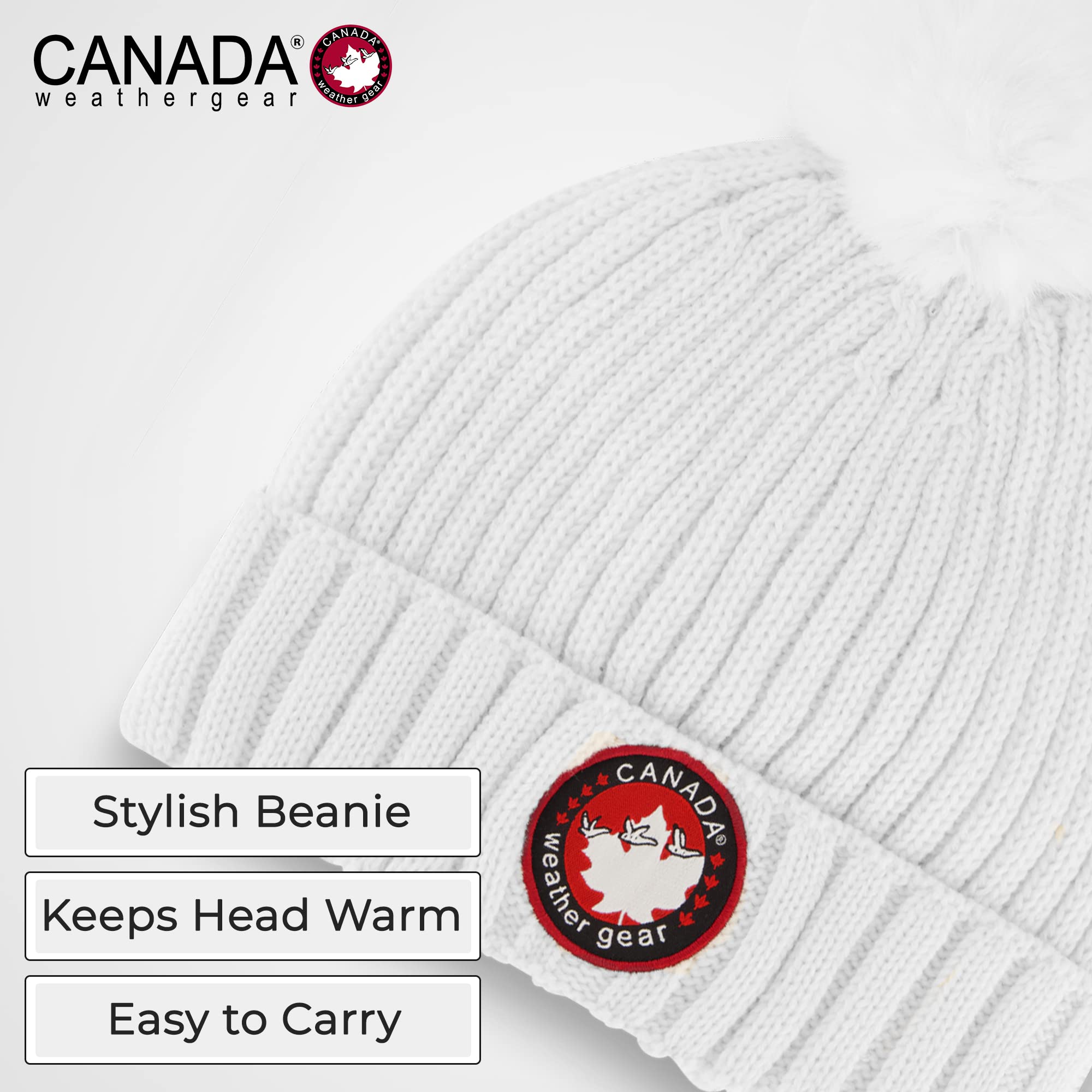 CANADA WEATHER GEAR Knitted Hat for Women - Cozy Winter Hat with Pom Pom - Single Cuffed Beanie Hat, White, One Size
