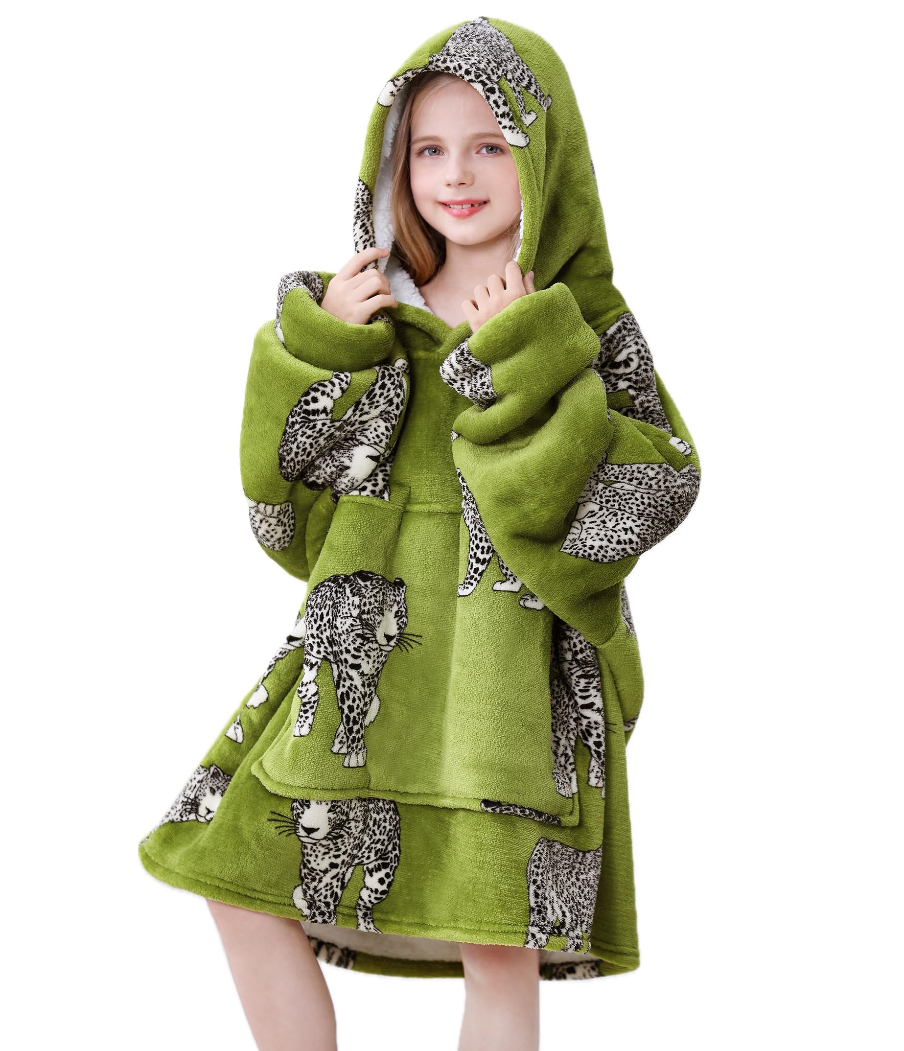 Dreamique Wearable Blanket Hoodie, Oversize Sherpa Fleece Hooded Blanket for Adult and Kids, Snuggie Sweatshirt with Pockets, Pets Sweaters, Gifts for Women, Men(Green Cheetah, Kids)