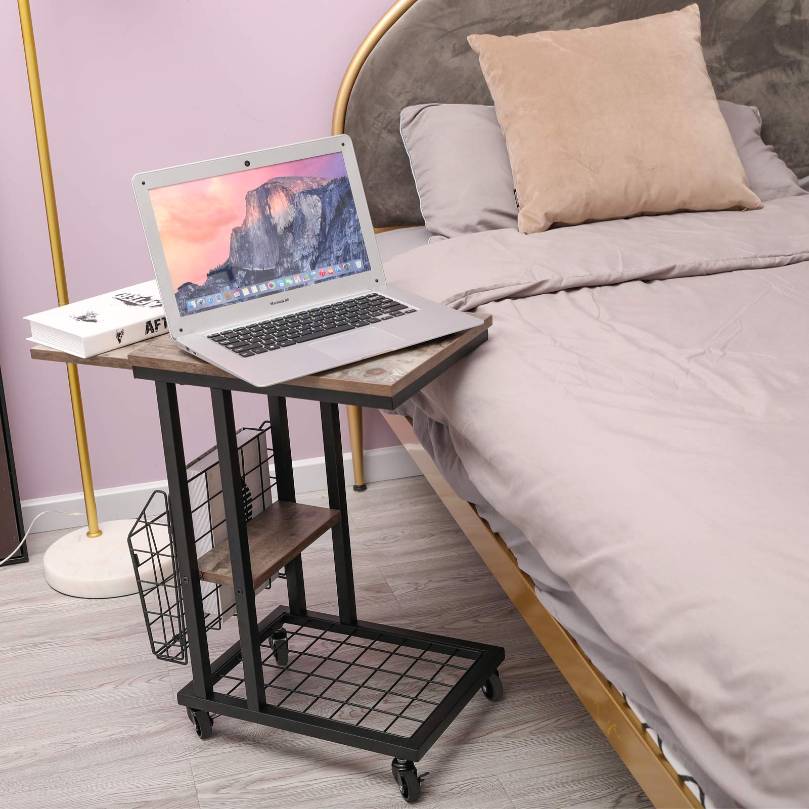 X-cosrack C End Table with Wheels C Shaped Side Table with Side Pocket Industrial Wood Sofa Side End Tables Rolling Casters for Coffee Laptop Sofa Couch Bed Living Room