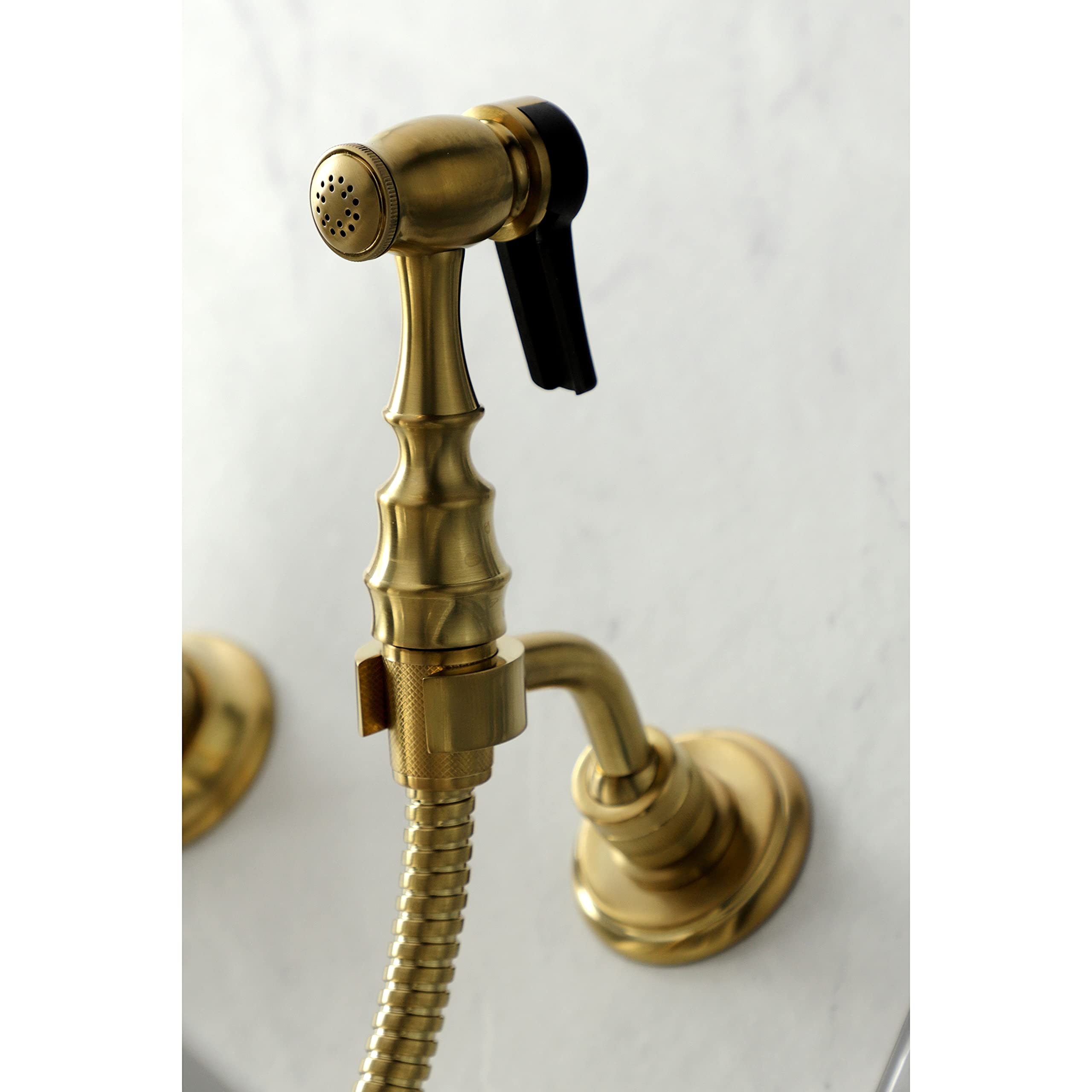Kingston Brass KS1267ALBS Heritage 8-Inch Centerset Wall Mount Kitchen Faucet with Brass Sprayer, Brushed Brass