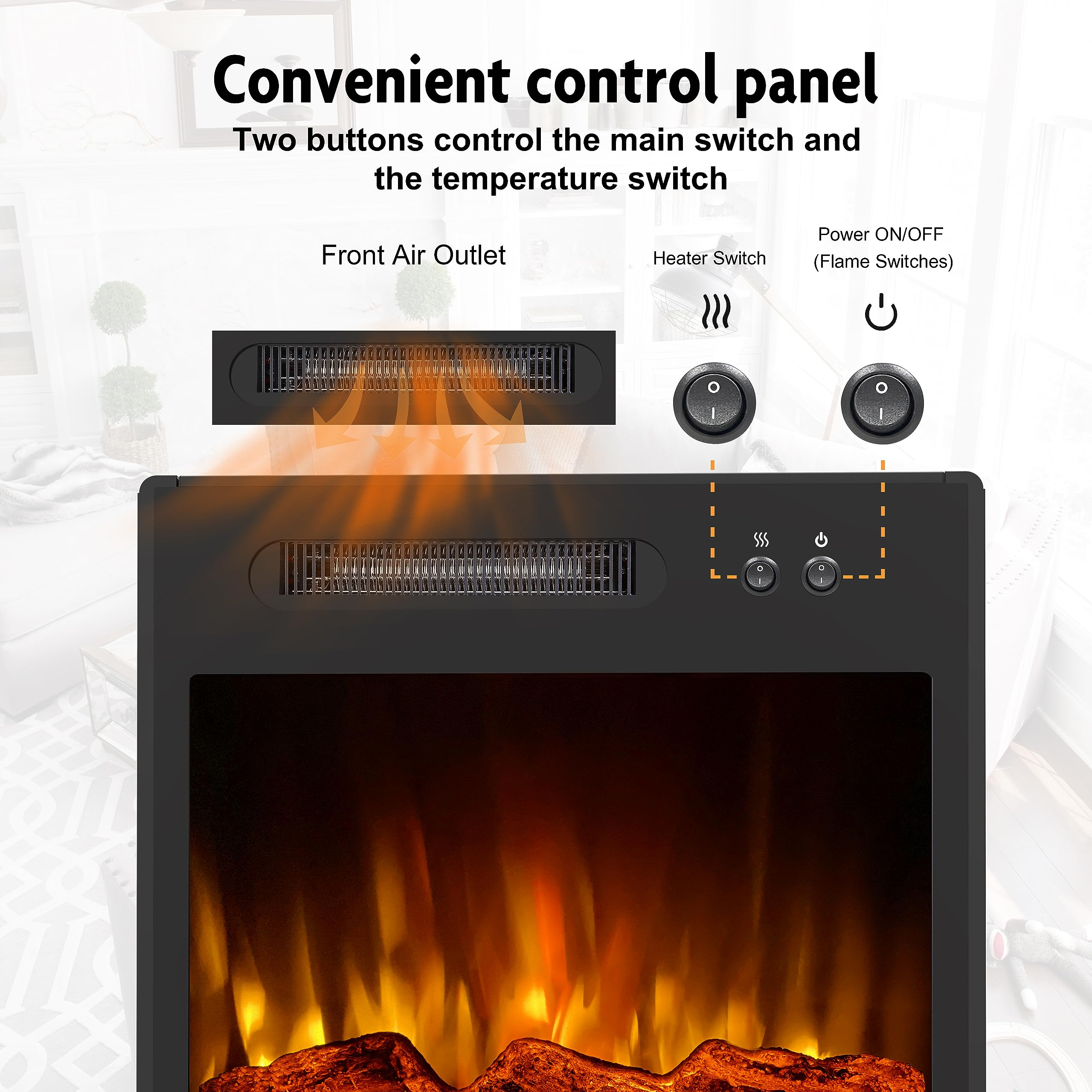 MOCIFI 18 inch Built-in Electric Fireplace Insert Heater, Recessed Freestanding Fireplace, Remote Control, Touch Screen, Adjustable Flame Brightness Speed, Low Noise, 1000W, Black