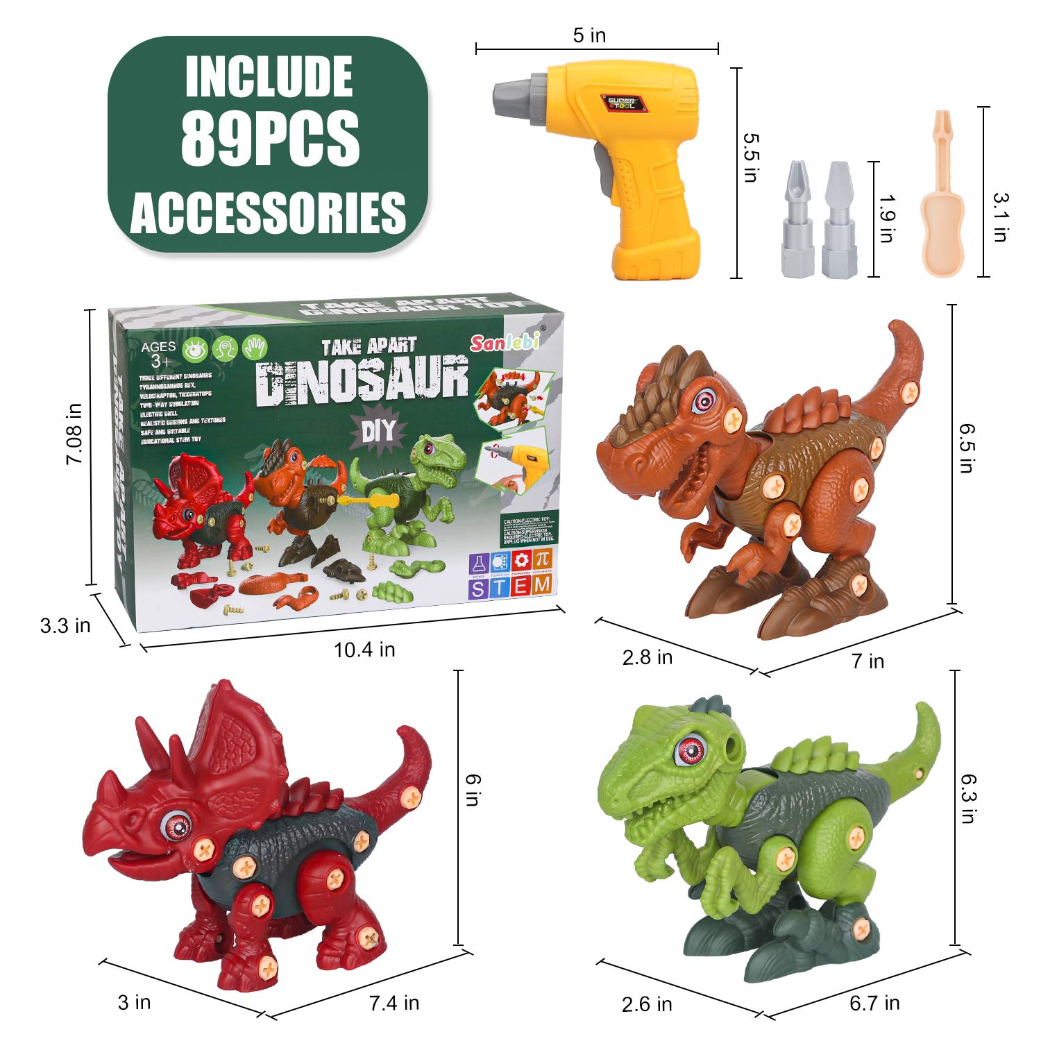 Sanlebi Toy for 4 5 6 7 Year Old Boys Take Apart Dinosaur Toys for Kids Building Toy Set with Electric Drill Construction Engineering Play Kit STEM Learning for Boys Girls Age 3 4 5 Year Old