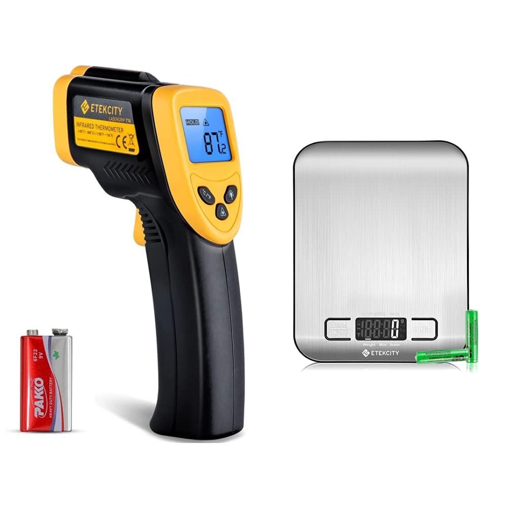 Etekcity Infrared Thermometer 774, Yellow & Food Kitchen Scale, Digital Grams and Ounces for Weight Loss, Baking, Cooking, Keto and Meal Prep, Medium, 304 Stainless Steel