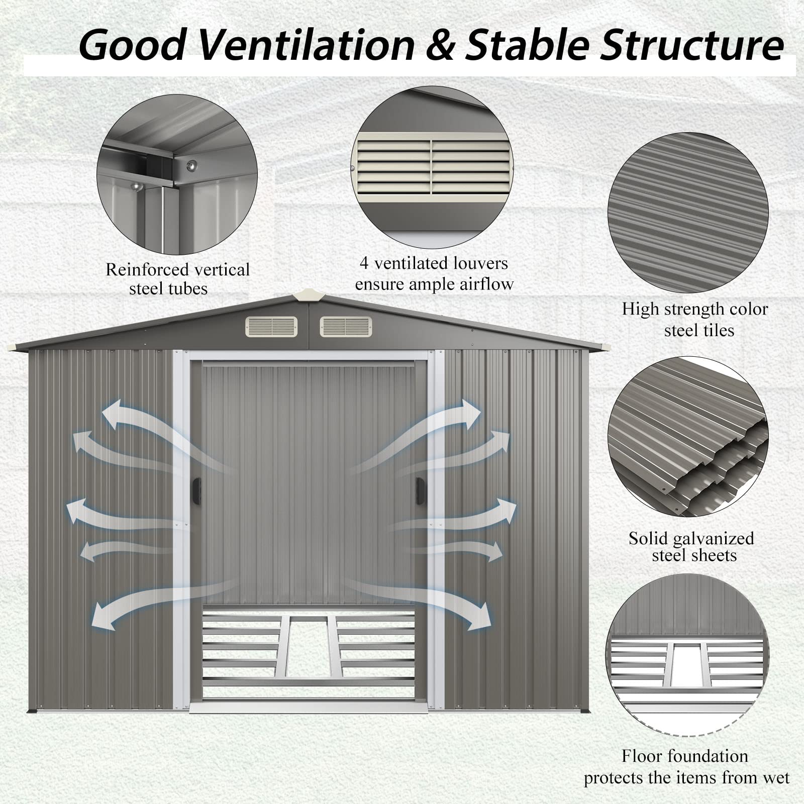 IRONMAX Outdoor Storage Shed with Floor, 8x6 FT Galvanized Steel Large Garden Shed w/Lockable Sliding Doors & Air Vent, Heavy Duty Tool Storage House for Backyard Patio Lawn