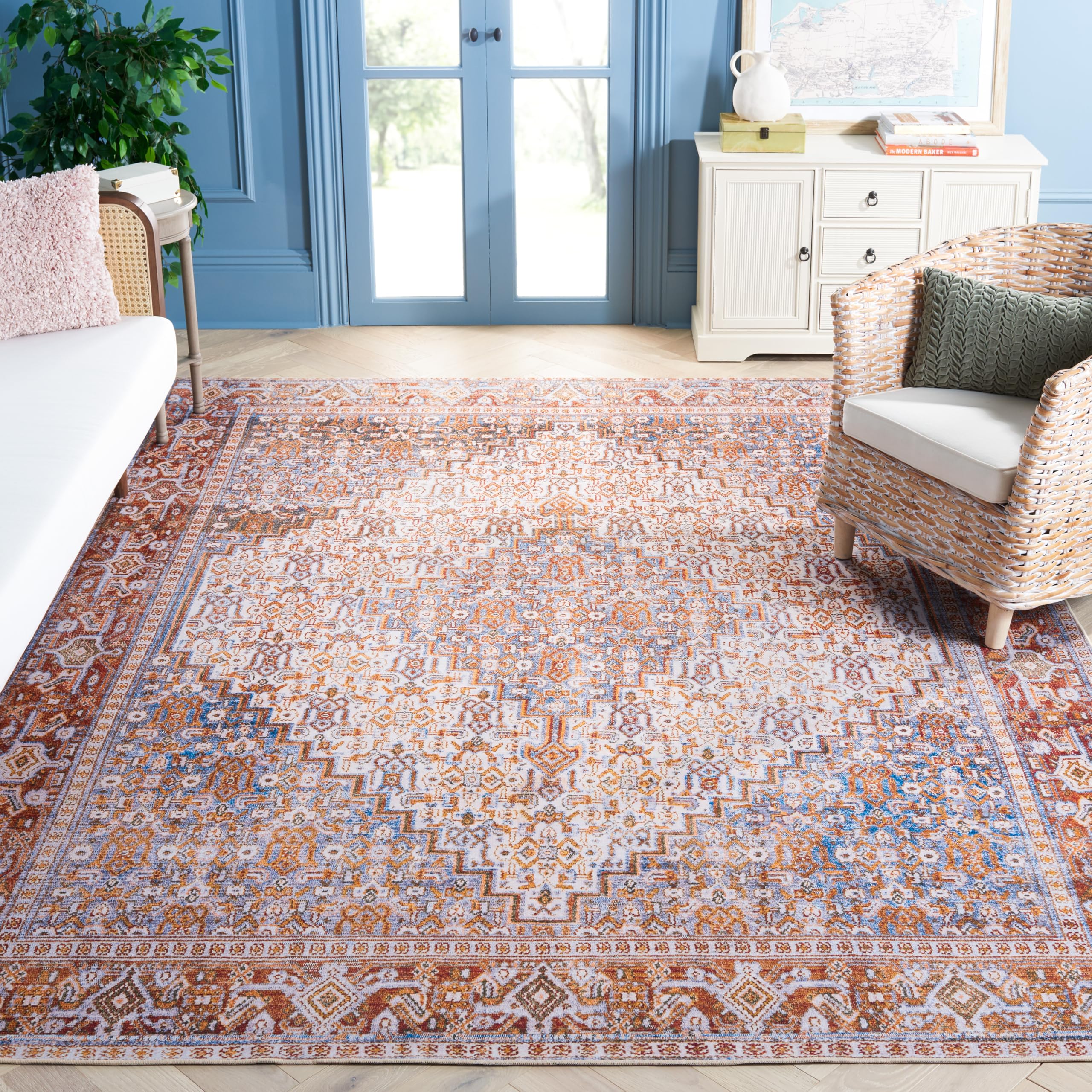 SAFAVIEH Tucson Collection Area Rug - 8' x 10', Beige & Rust, Boho Design, Non-Shedding Machine Washable & Slip Resistant Ideal for High Traffic Areas in Living Room, Bedroom (TSN166B)