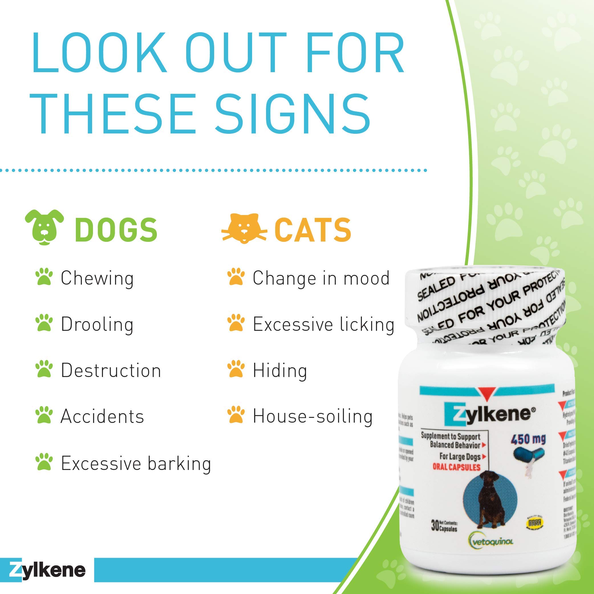 Vetoquinol Zylkene Behavior Support Capsules for Large Dogs 33-132lbs, Calming All Natural Milk Protein Supplement, Helps Relieve Dog Anxiety During Fireworks and Thunder, 450mg