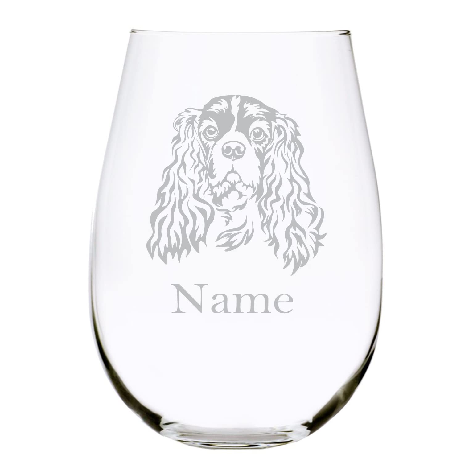 Cavalier King Charles Spaniel dog themed with name 17 oz. stemless wine glass