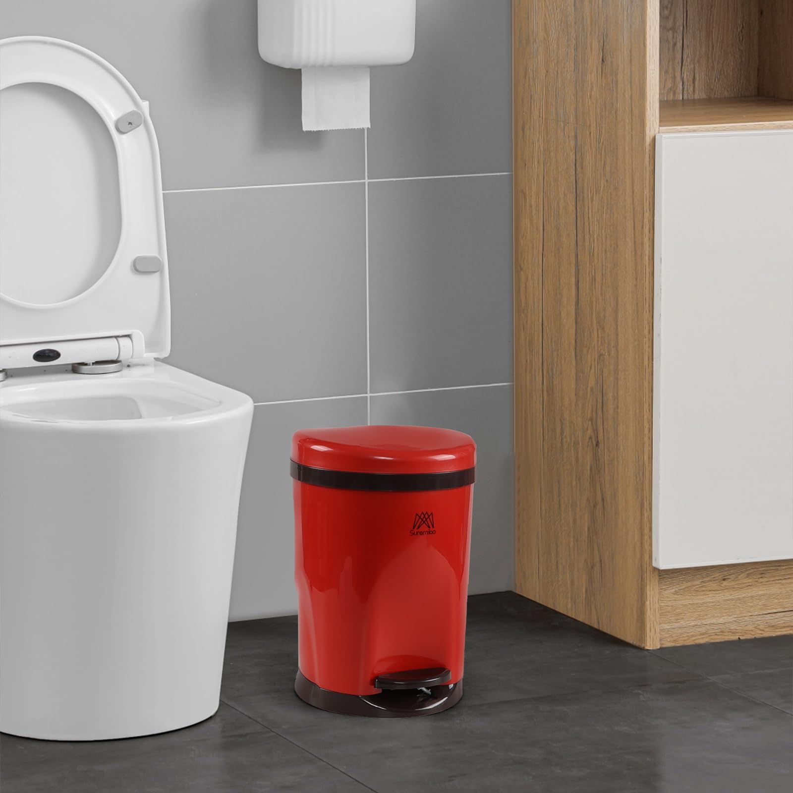 Hommp 1.8 Gallon Round Bathroom Step Trash Can with Removable Inner Bucket, Small Round Garbage Container Bin, Red