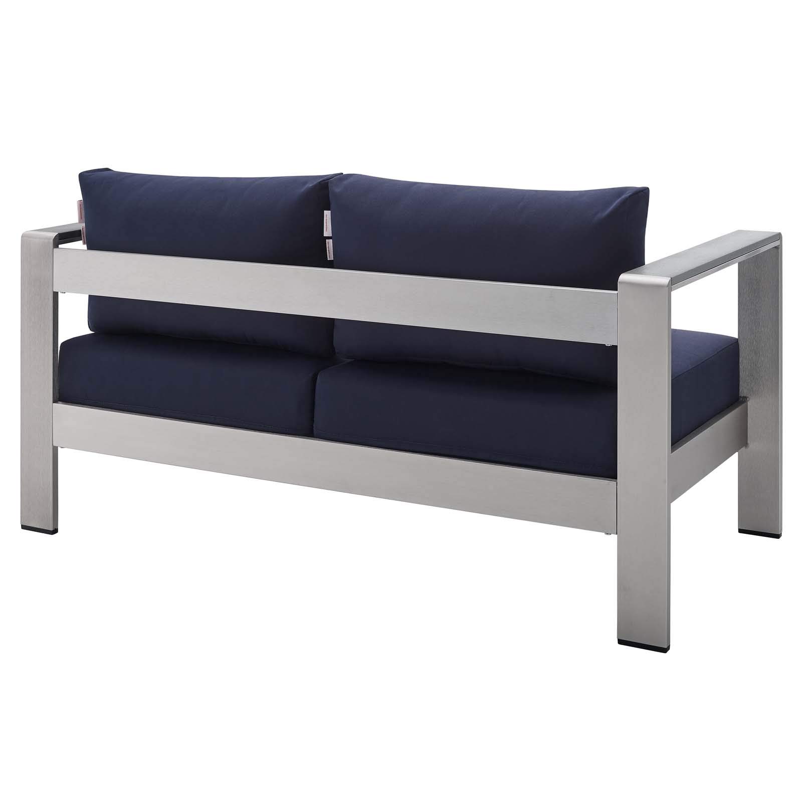 Modway EEI-4322-SLV-NAV-SET Shore Aluminum Sunbrella Fabric 7-Piece Outdoor Patio Set, Silver Navy