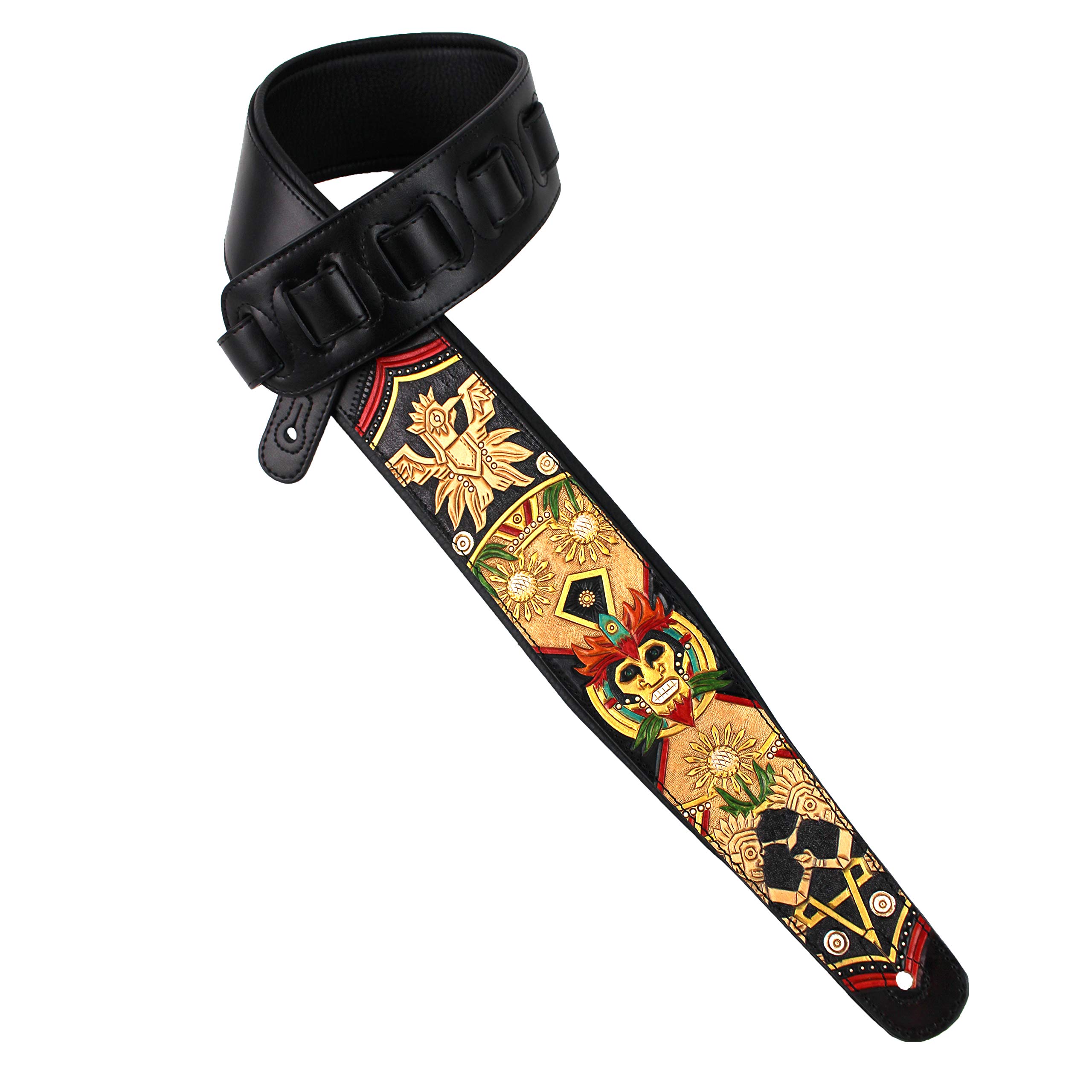 Walker And Williams KB-50-TN Handmade Heritage Series Black And Tan Guitar Strap With Multicolor Mayan Design On Tan Carved Leather