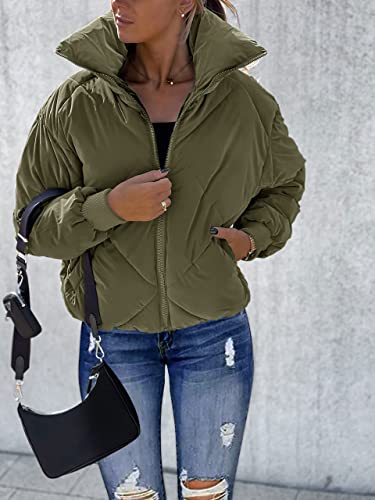 MEROKEETY Women's Long Sleeve Zipper Puffer Jacket Winter Quilted Short Down Coat with Pockets,Green,M