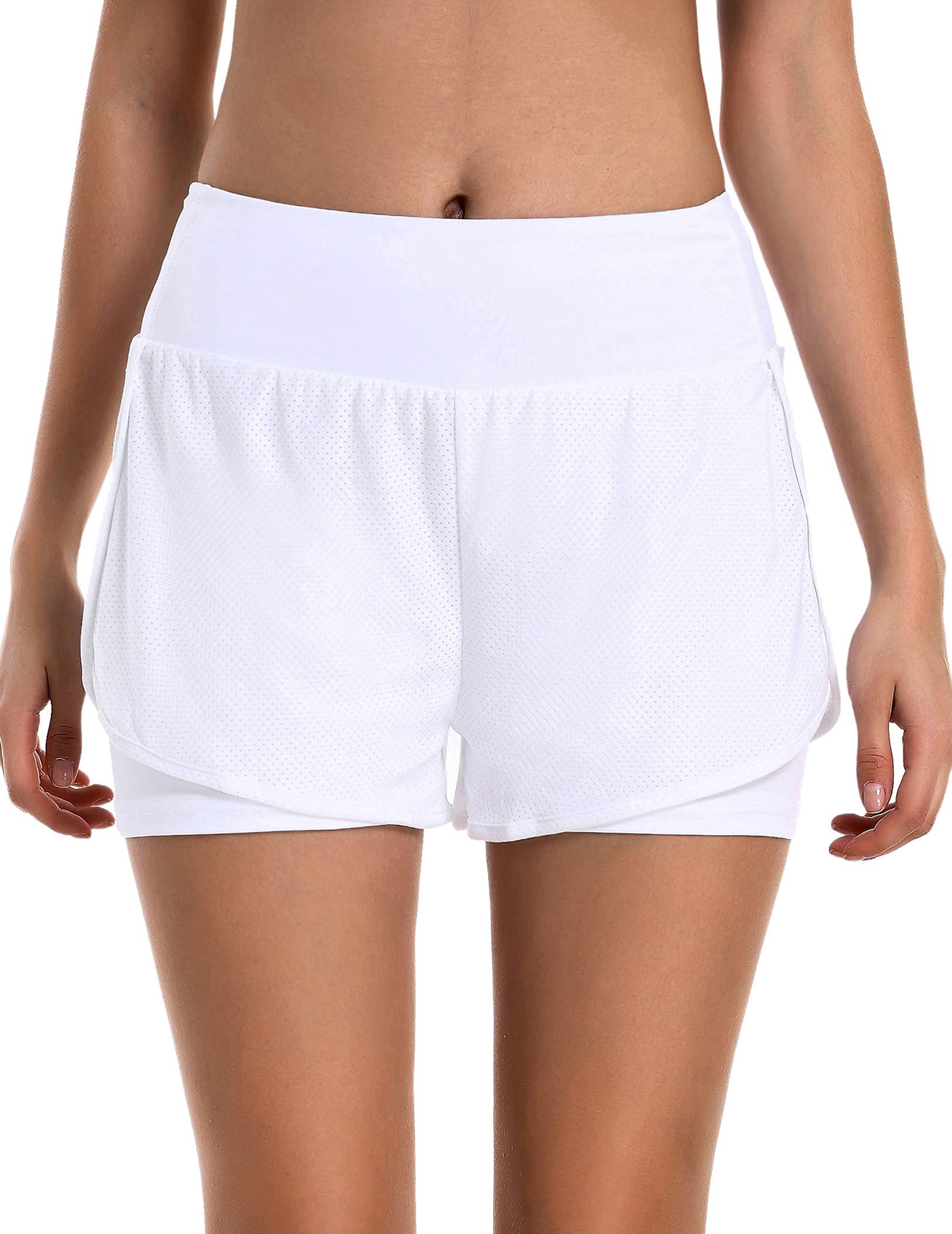 COOrun Running Yoga Shorts for Women - Activewear Workout Exercise Athletic Jogging Shorts 2-in-1 White M