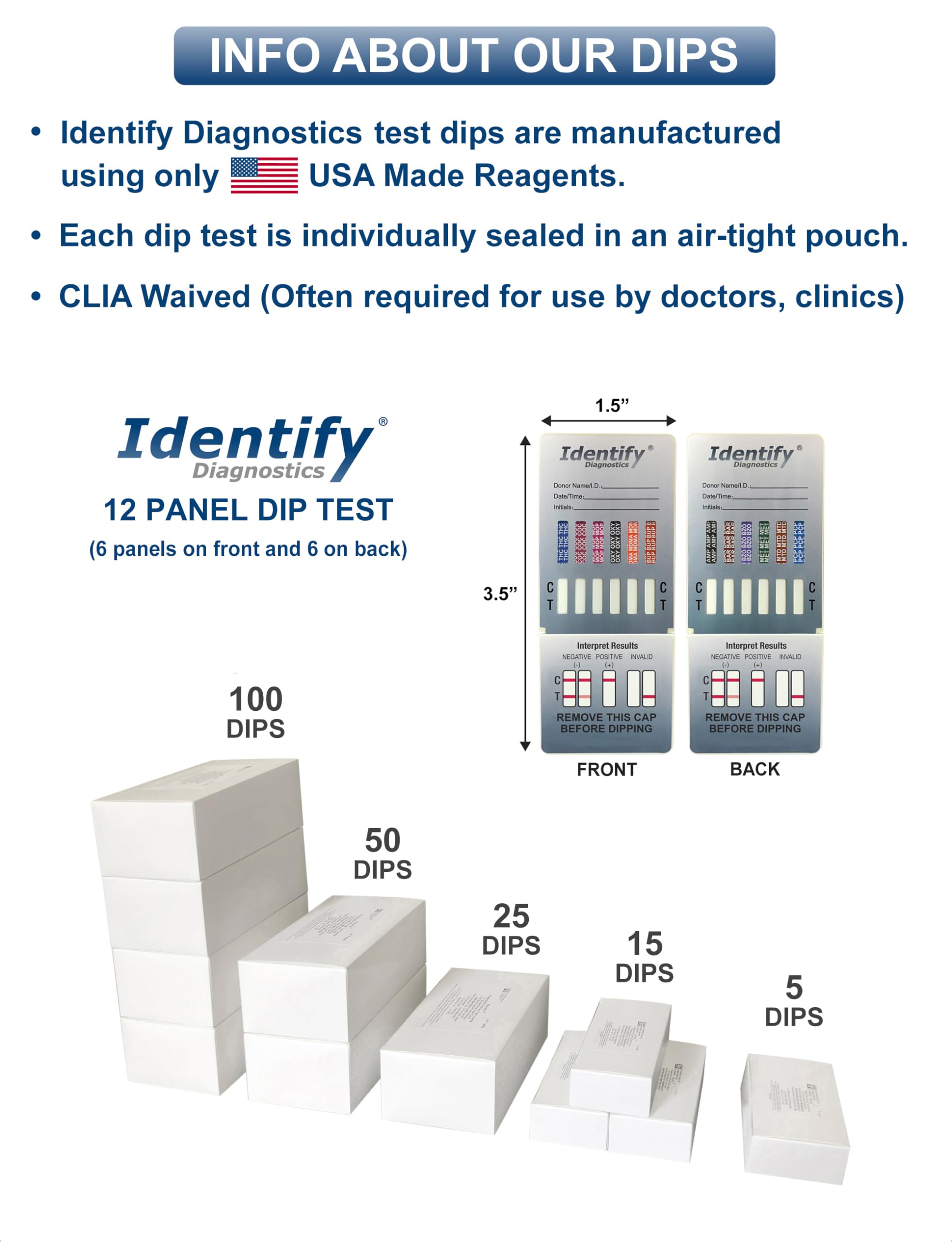 Identify Diagnostics Drug Test Cards - 100 Pack - 12 Panel CLIA Waived Instant Urine Drug Test Kit for AMP,BAR,BUP,BZO,COC,MDMA,MET,MOP/OPI,MTD,OXY,PCP,THC