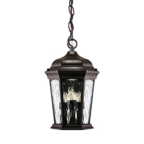 Euri Lighting EHL-130W-MD, Flickering Flame Hanging Lantern, Water Glass, with Integrated Security Light (3000K), Wall Switch Selectable Function, Water Glass, Oil Rubbed Bronze Housing