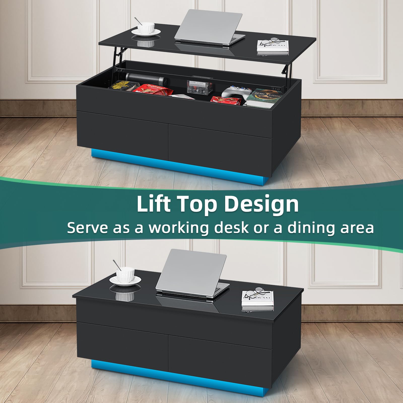 HOMMPA 40'' Lift Top Coffee Table, Black Coffee Tables with Storage for Living Room, LED Modern Coffee Table, Flip Top Center Table with 2 Drawers & Hidden Compartment, Lift Up Wooden Coffee Table