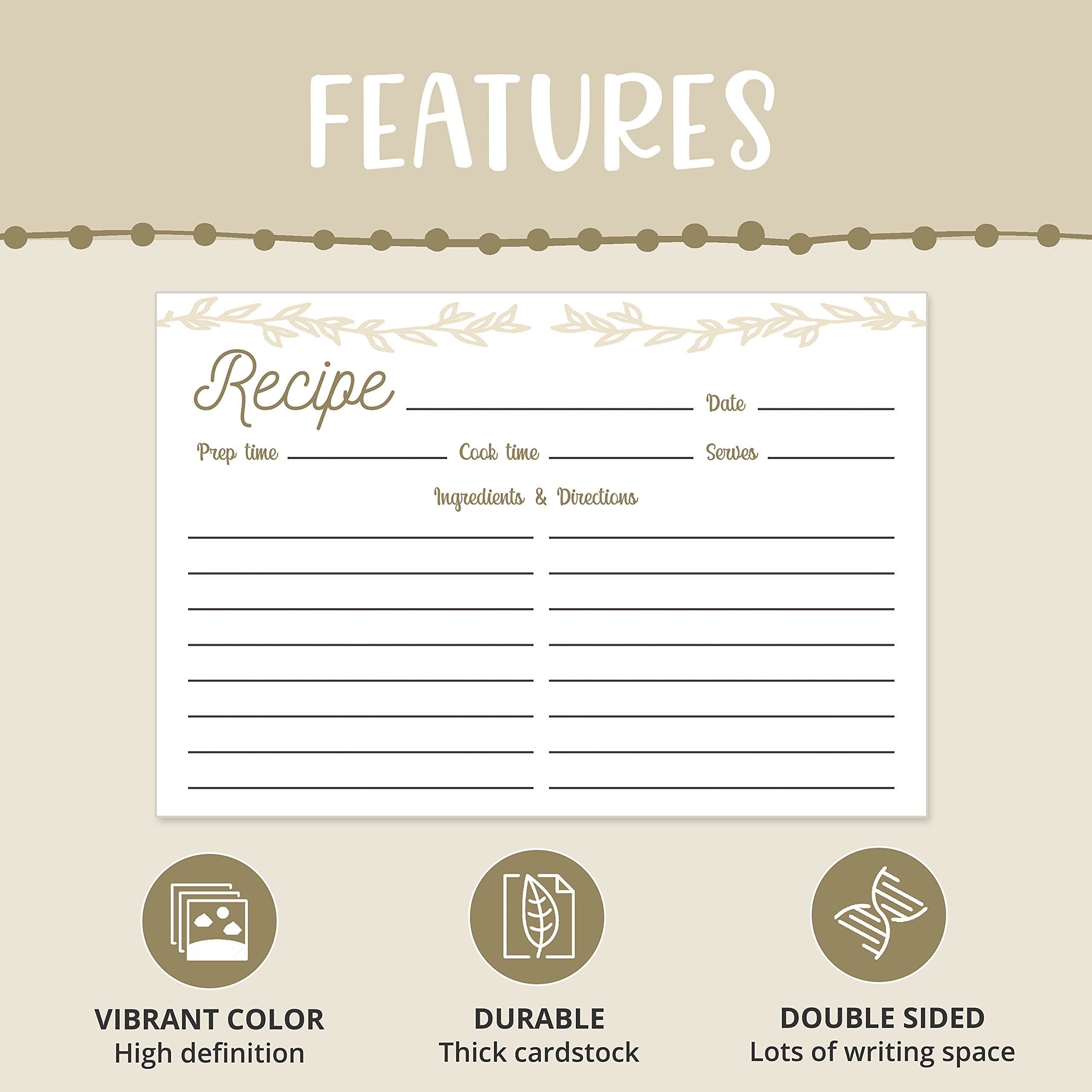 Dekali Designs Rustic Recipe Cards 4x6 Inches (50 Pack) Double Sided Index Cards with Cute Floral Design
