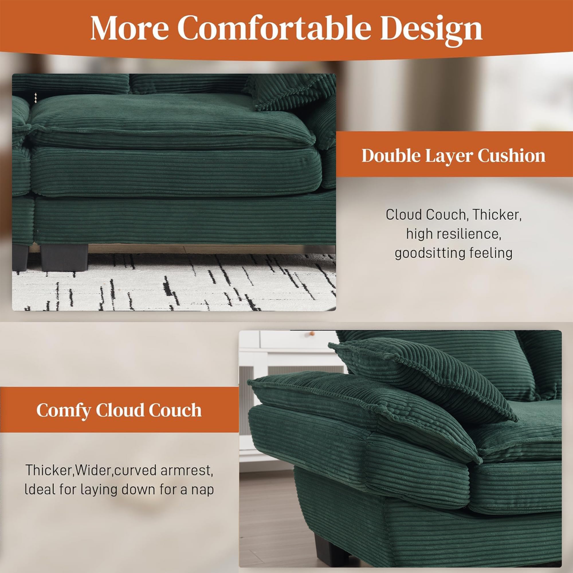 GNIXUU Cloud Loveseat Sofa Couch, Comfy Corduroy 3 Seat Sofa with Deep Seat & Wider Armrest,88.6” Upholstered Modern Sailboat Couches for Living Room, Apartment, Office, Small Space, Green