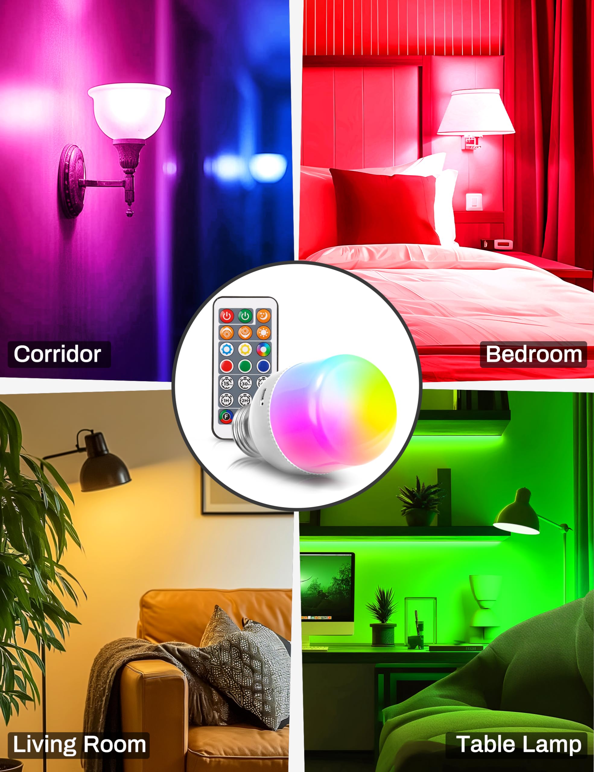 Fulighture 2 Pack Wireless Rechargeable Light Bulbs, E26 Battery Operated Light Bulb with Remote Control, Type-C Charging, RGB + Warm/Cool White, Perfect for Areas Without Hardwiring