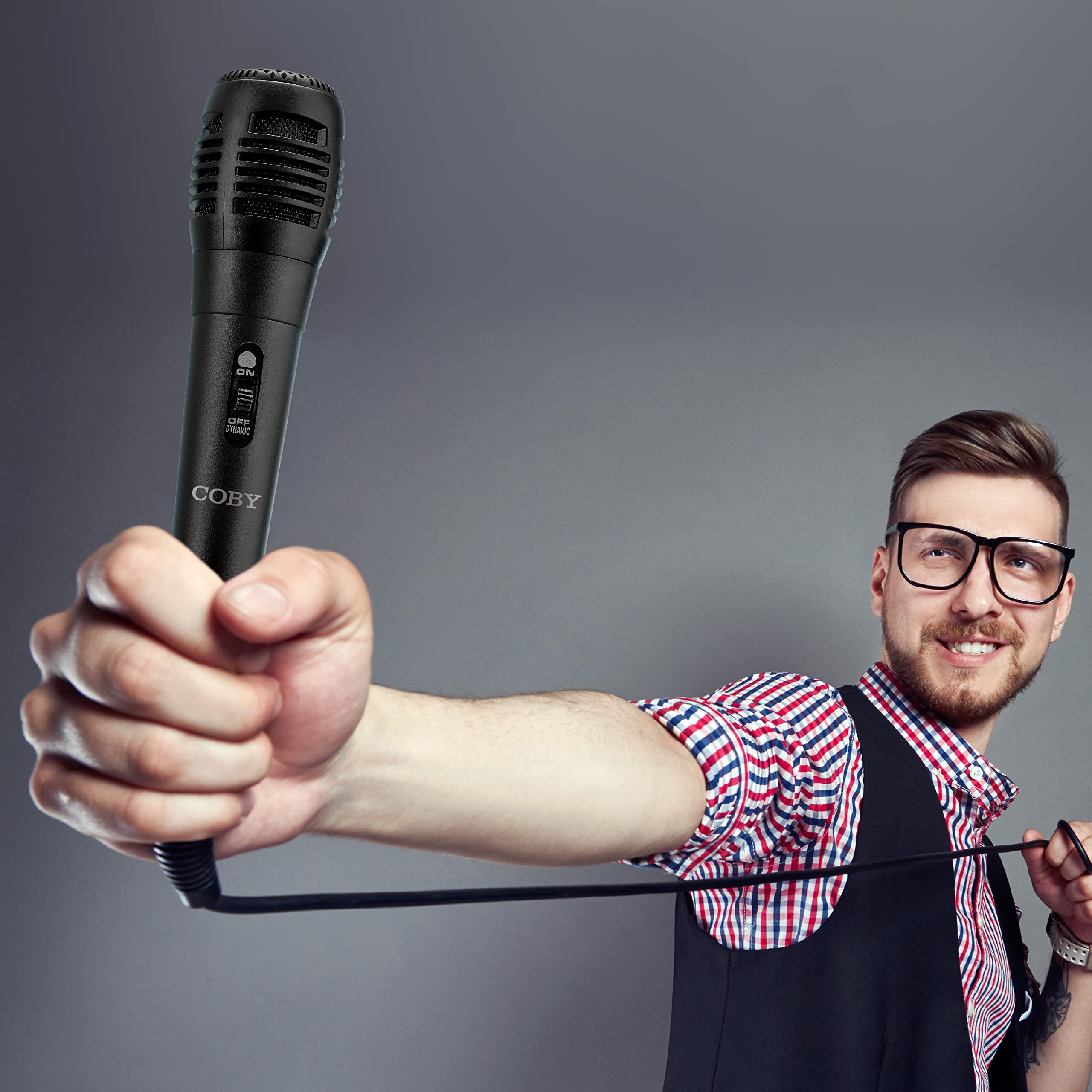 Coby Dynamic Vocal Wired Microphone | Audio Receiver for Singing, Karaoke, Recording | Karaoke Microphone for Parties, Dorm, Birthdays | Mic with Aux Input & Detachable 10-FT Cable for Party Speakers