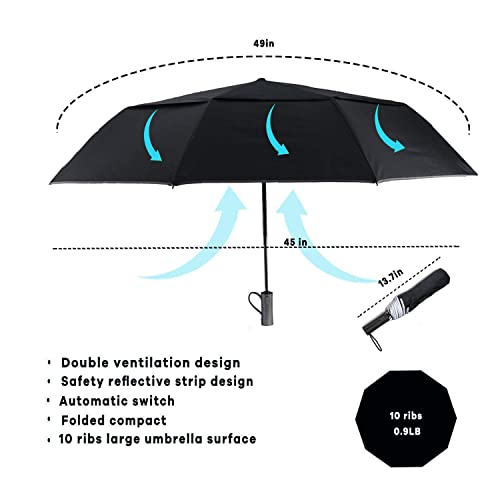 MRTLLOA 49 Inch Large Windproof Travel Umbrella, Double Canopy Vented Waterproof Compact Folding Golf Umbrellas for Rain, Portable for Car, Backpack, Luggage(49 Inch, Black)