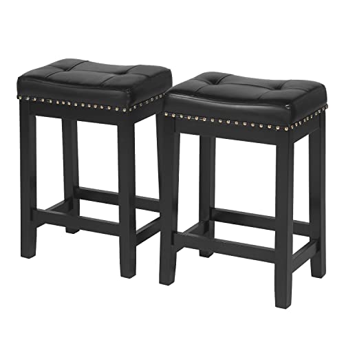 PayLessHere Bar Stools Set of 2 of PU Leather Barstools for Kitchen Counter Solid Wooden Saddle Stool 24”H Height Bar Stool