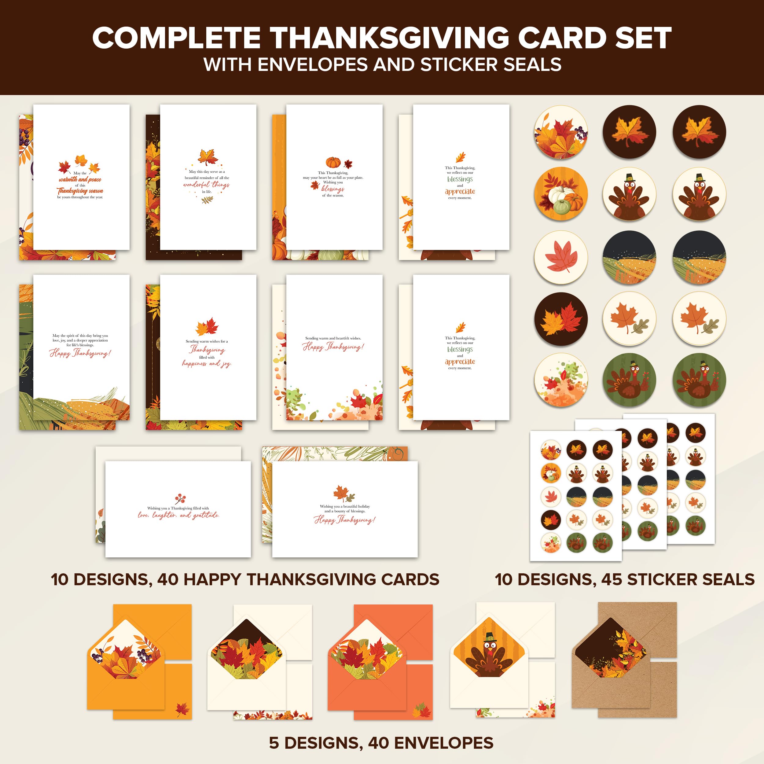 Decorably 40 Pack Foiled & Glittery Happy Thanksgiving Cards with Envelopes & Stickers - 10 Designs with Printed Message Inside Thanksgiving Greeting Cards with Envelopes, 4x6in Thanksgiving Cards Pack