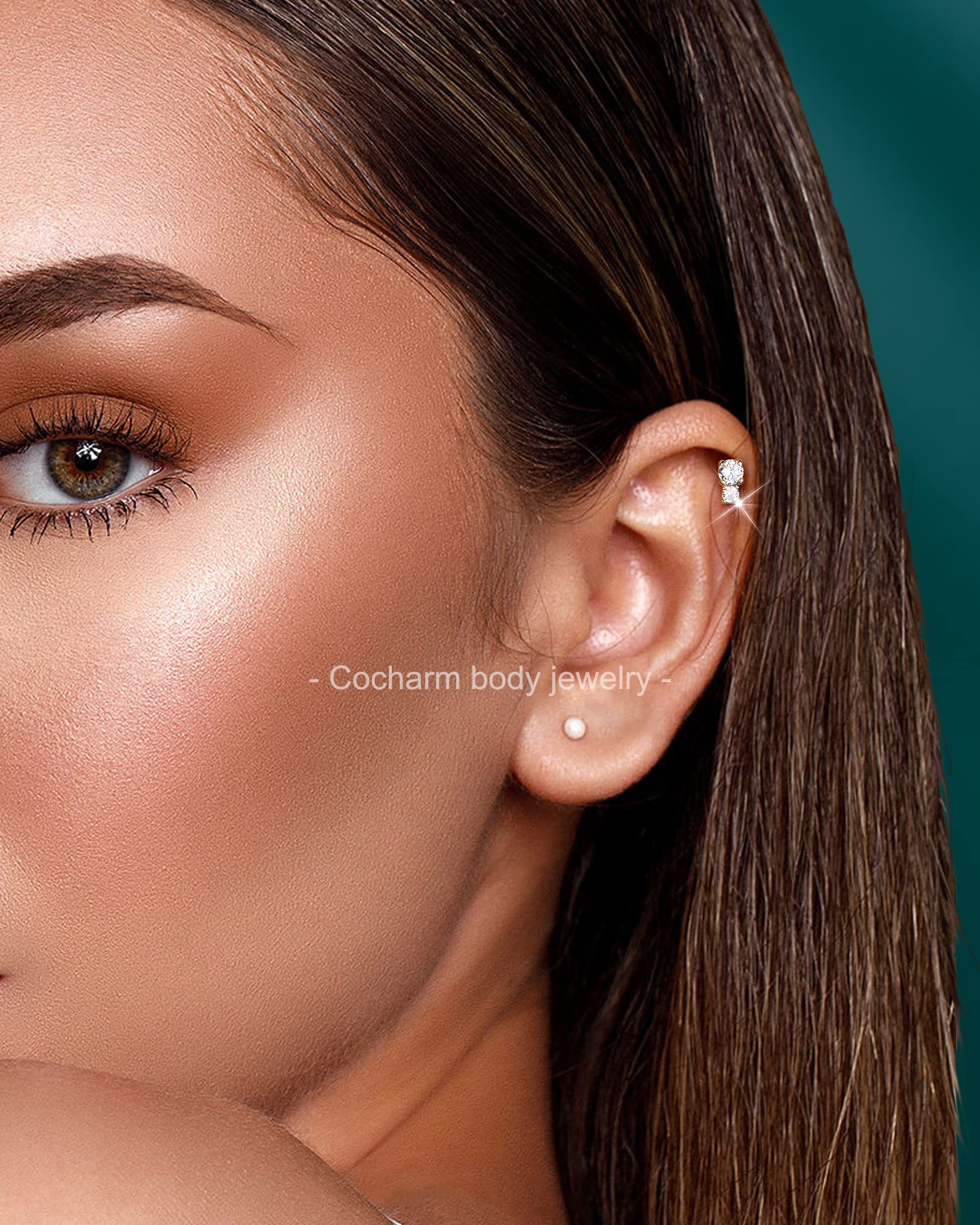 COCHARM 14K Gold Cartilage Earring Stud Yellow Gold 16g Flat Back Cartilage Earrings 14K Solid Gold Push in Cartilage Piercing Threadless Labret Stud Gold Medusa Studs