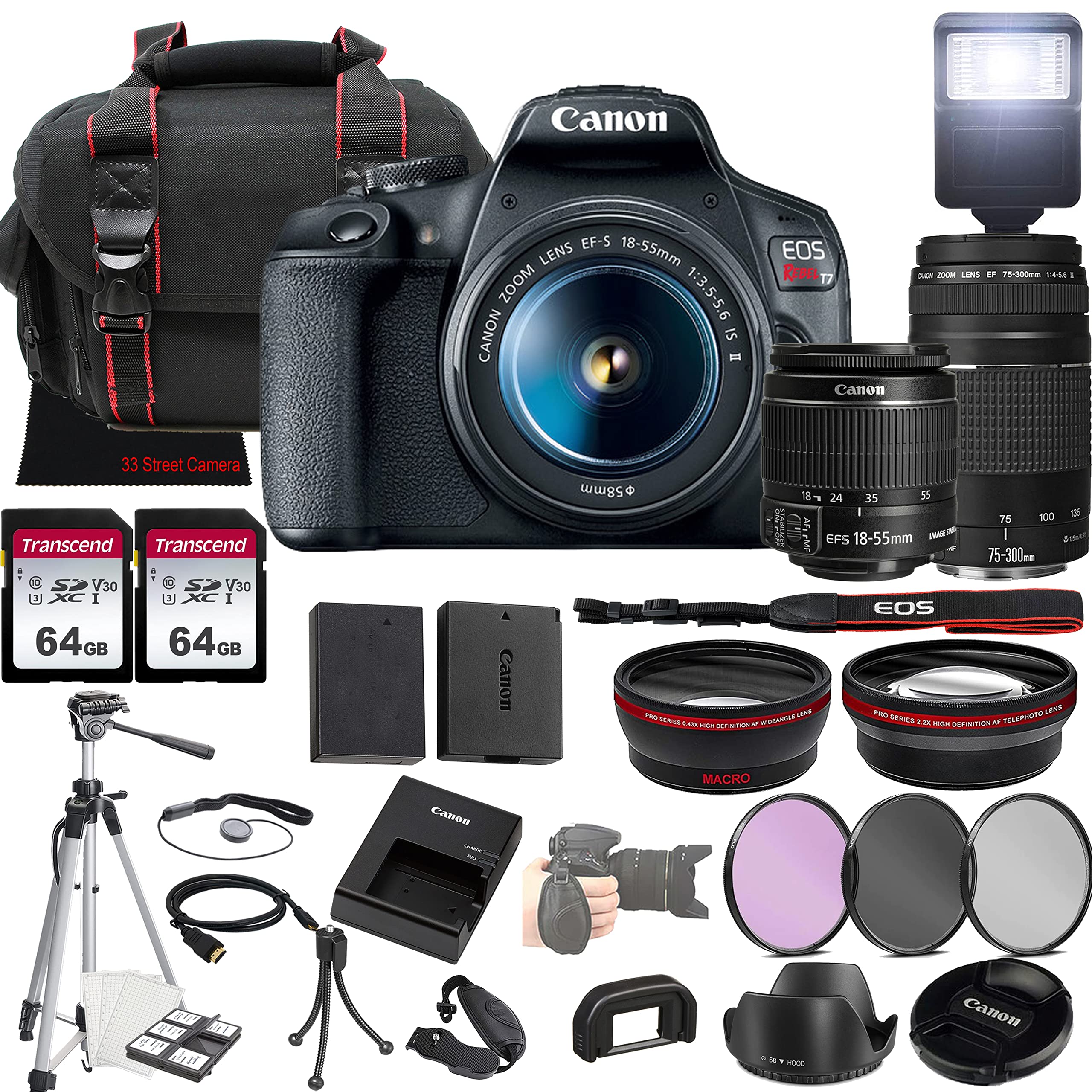 Canon EOS Rebel T7 DSLR Camera w/EF-S 18-55mm f/3.5-5.6 is II Lens + EF 75-300mm f/4-5.6 III Lens + 2X 64GB Memory + Case + Filters + Tripod + More (35pc Bundle)