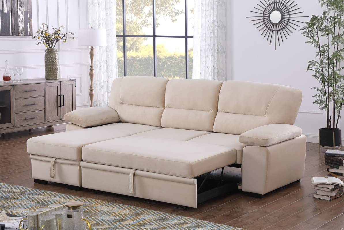 Favfurish 96" Microfiber Reversible Sleeper Sectional Sofa with Chaise and Storage, L-Shaped Couch with Pull-Out Bed and Nailhead Trim for Living Room, Apartment, Office,Saddle, Brown-1