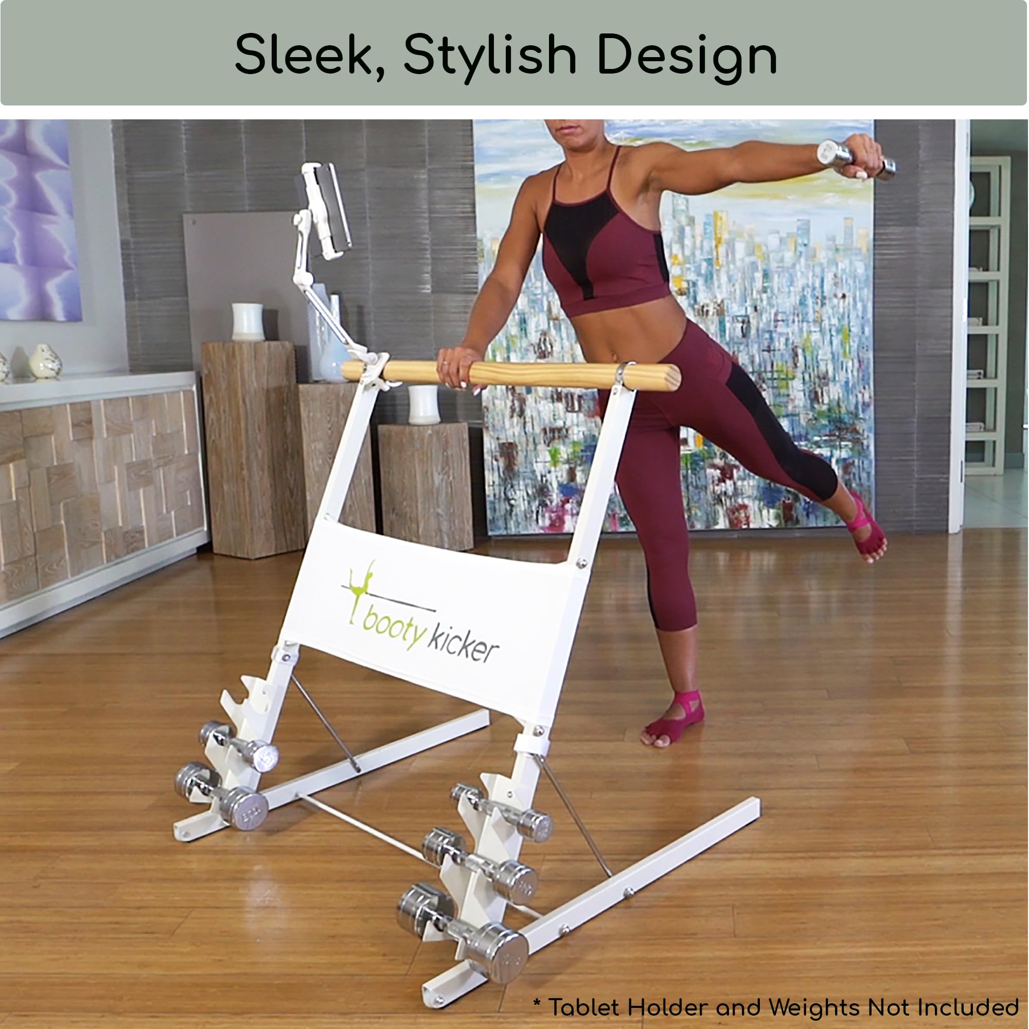 Booty Kicker β Home Fitness Exercise Barre, Folds Flat, Portable, Storable, Strong Angular Design for Pushing, Pulling, Balance & Ballet Exercises, Wood, Steel, Nickle, Perfect for Barre Workouts