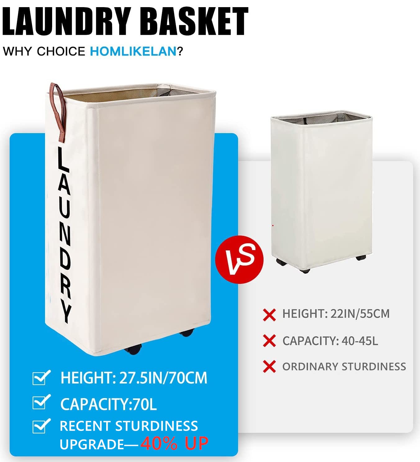 Homlikelan 70L Large Laundry Hamper,Tall Rolling Laundry Basket,Narrow Laundry Basket with Wheels,Slim Laundry Hamper on Wheels Clothes Hamper Laundry Bin 27.5" Beige
