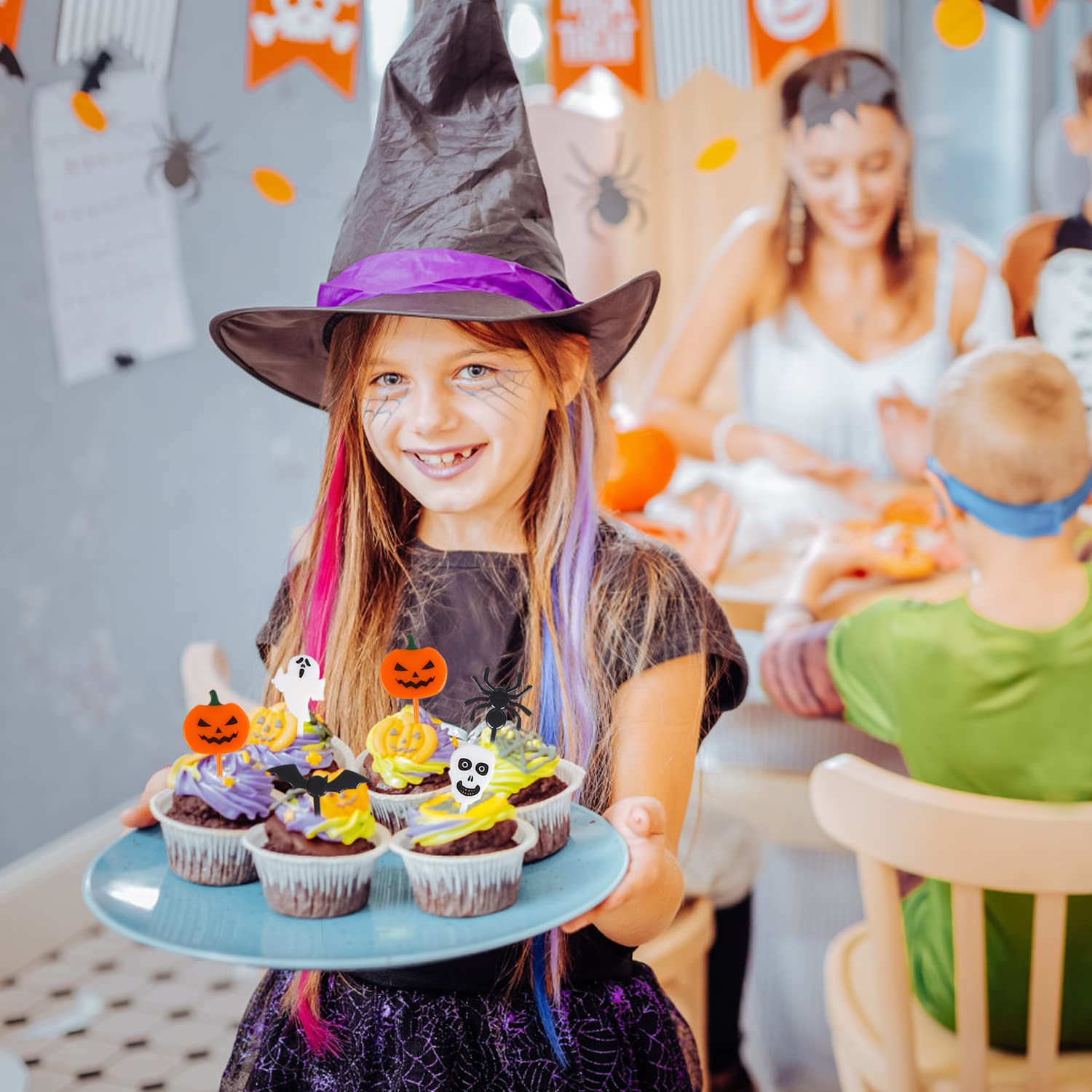 CCINEE 80pcs Plastic Halloween Picks, Halloween Cupcake Topper Picks Food Picks Ghost Pumpkin Spiders Bats Skull Cupcake Toppers for Kids Birthday Party Themed Party