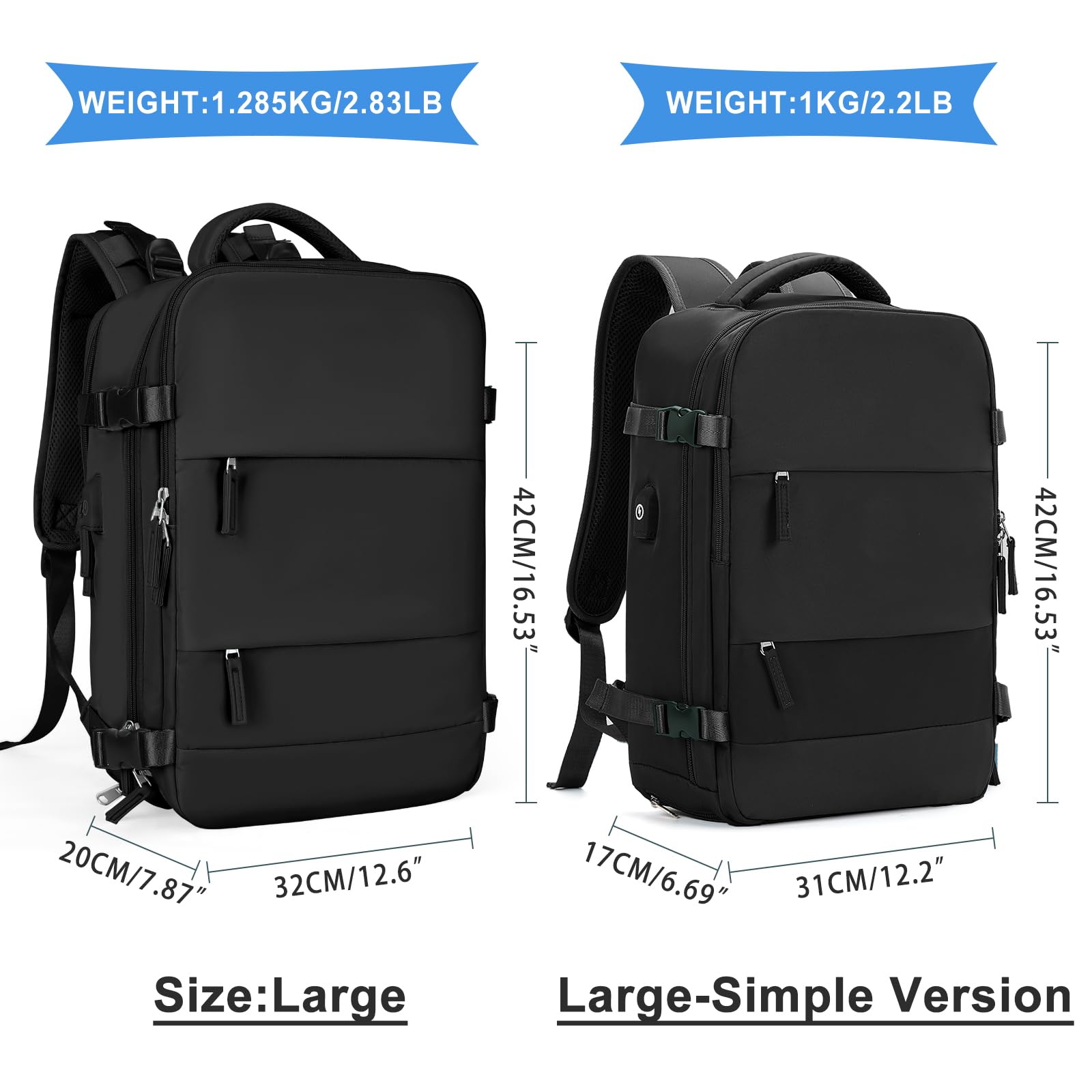 coowoz Large Travel Backpack For Women Men,Carry On Backpack,Hiking Backpack Waterproof Outdoor Sports Rucksack Casual Daypack Travel Essentials(Black Minimalist)