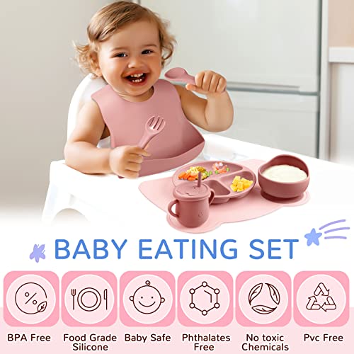 Newtay 8 Pack Baby Feeding Eating Supplies Silicone Suction Divided Plate Bibs Bowl Placemat Spoon and Fork Cup with Straw Tableware Set for Toddler (Dark Pink), 1.0 Count