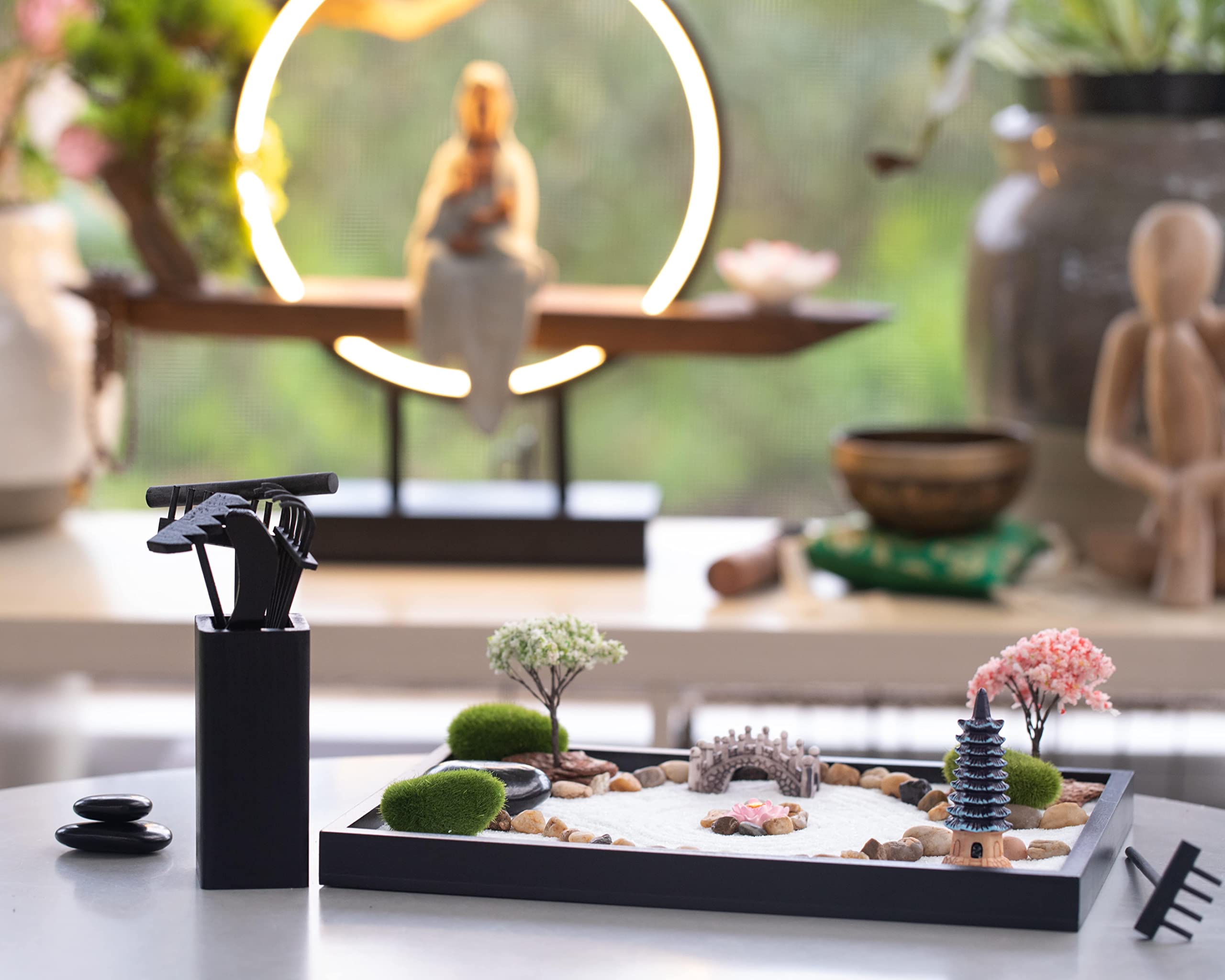 Zen Garden for Desk – 21pc. Japanese Zen Sand Garden Kit for Home, Office Desktop, Beautiful Gift, Therapy, Meditation Mini Decor Set– 11x8in. Large Sand Tray, Rocks, Black Rake Tools & Accessories