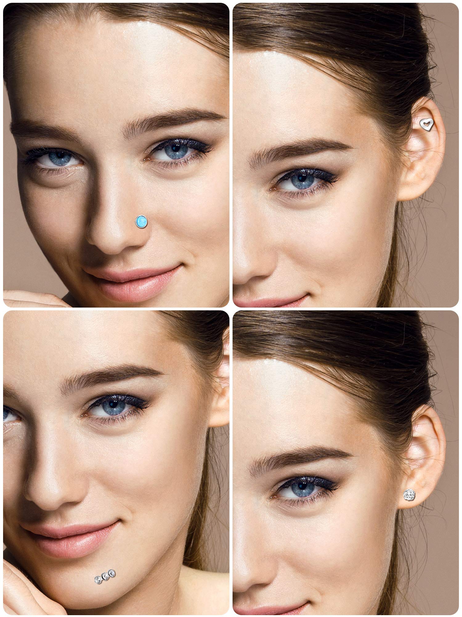 Chuangdi 16 Pieces 16 G Labret Nose Studs Piercing Lips Stainless Steel Tragus Nose Assorted Design Piercing Jewelry for Women (Silver)