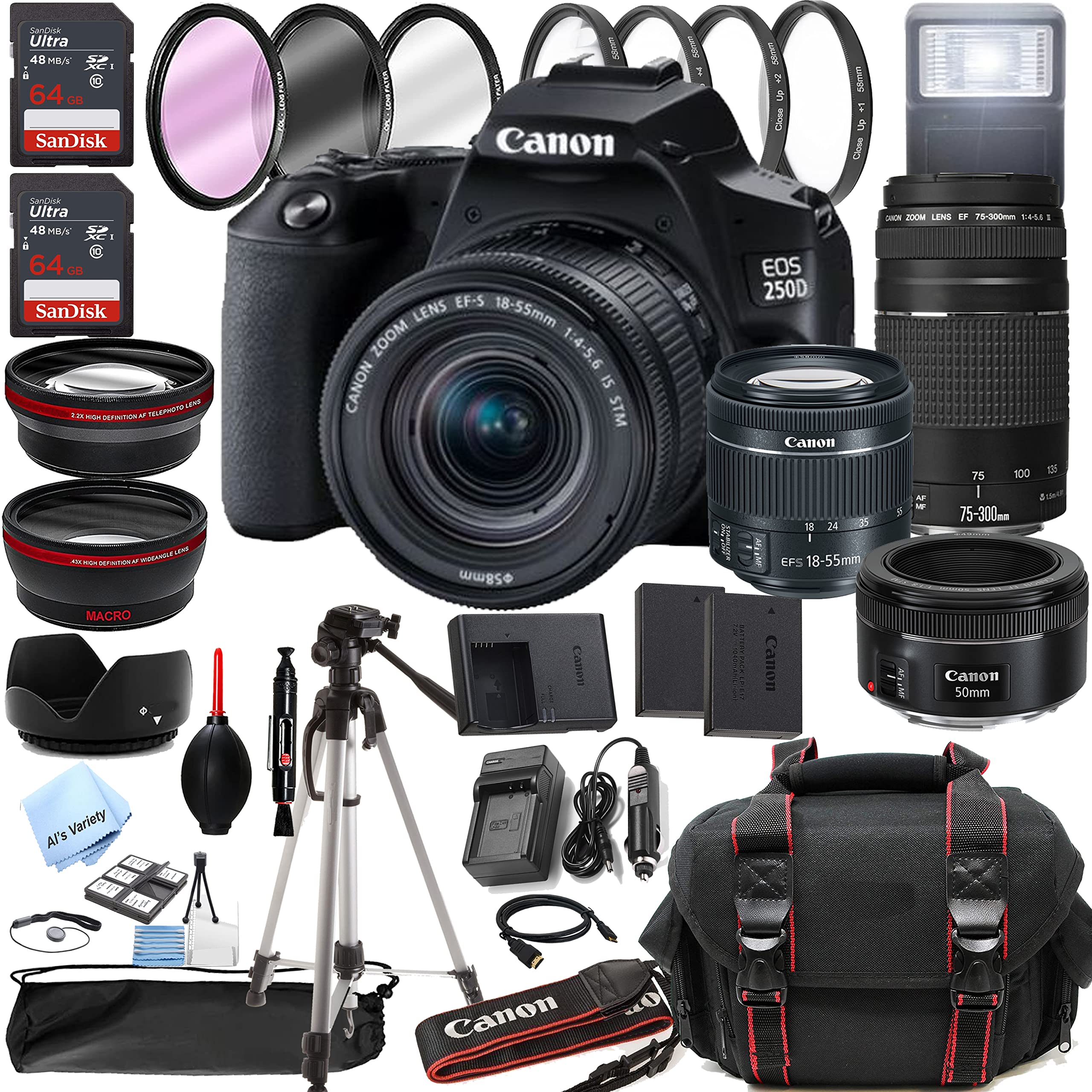 Canon EOS 250D (Rebel SL3) DSLR Camera w/EF-S 18-55mm F/4-5.6 is STM Zoom Lens + 75-300mm F/4-5.6 III Lens + EF 50mm f/1.8 STM Lens + 128GB Memory + Case + Tripod + Filters (40pc Bundle)
