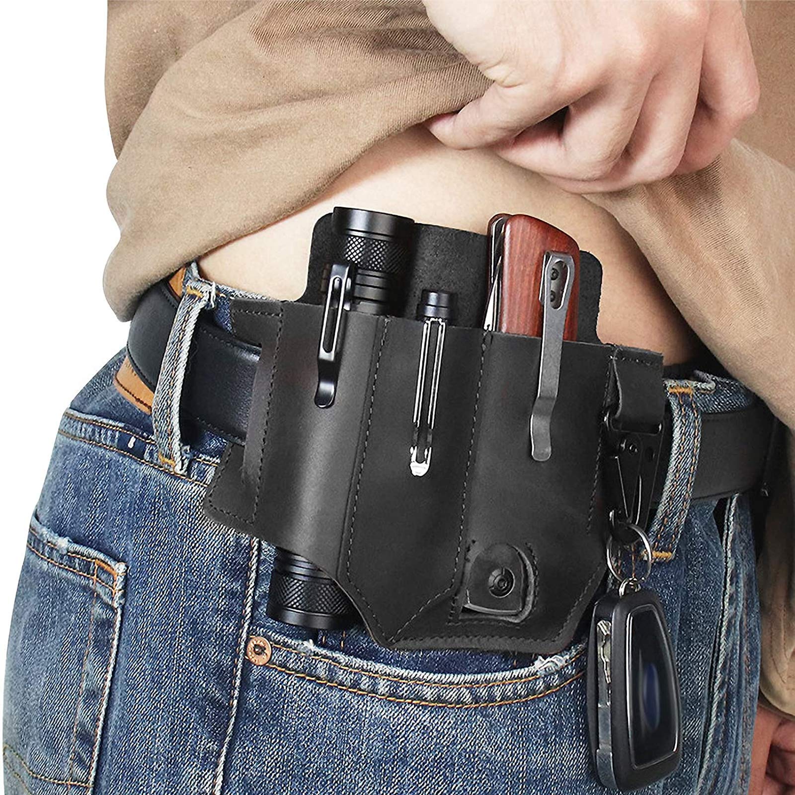 Pocket Organizer Pouch EDC Leather Sheath for Belt for 5 inch Knives Tactical Flashlights Key Fob Tools (Black)