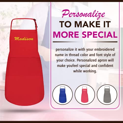Personalized Apron with Hat for Men and Women - Custom Apron with Embroidered Name - Unisex Red Apron with Pockets for Kitchen Cooking Baking Restaurant BBQ Painting Crafting