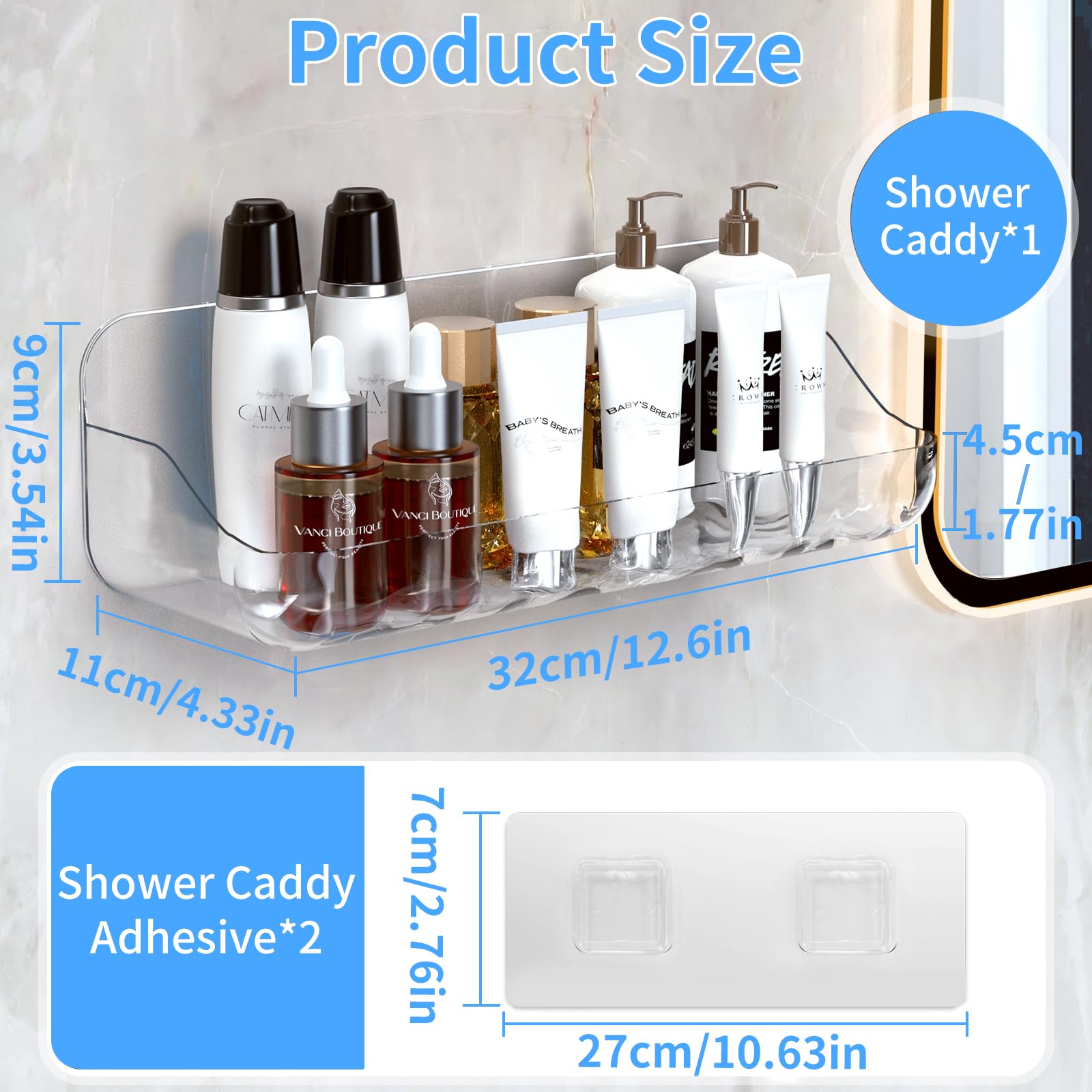 FEPTUASE Acrylic Shower Shelves, Clear Bathroom Shelves, Wall Mount Organizer, No Drilling Transparent, Self Adhesive Shower Caddy for Bathroom & Kitchen Storage (12.6" x 4.33" x 3.54")