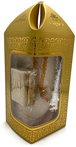 Muslim Gifts Hajj Hac Haji Gift Set Prayer Rug Janamaz Seccade Pearl Tasbeeh Prayer Beads and Pocket or Car Decor Mini Quran 3pcs/Set (Gold)