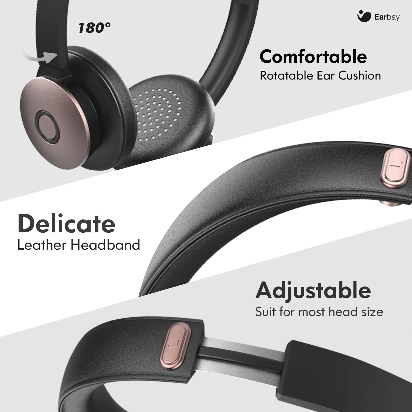 Earbay Bluetooth Headset with Microphone, Wireless Headset with Noise Cancelling Mic, On Ear Headphone with USB Dongle & Mute Button, 26hrs Talk time for PC/Office/Zoom/Skype Rose Gold