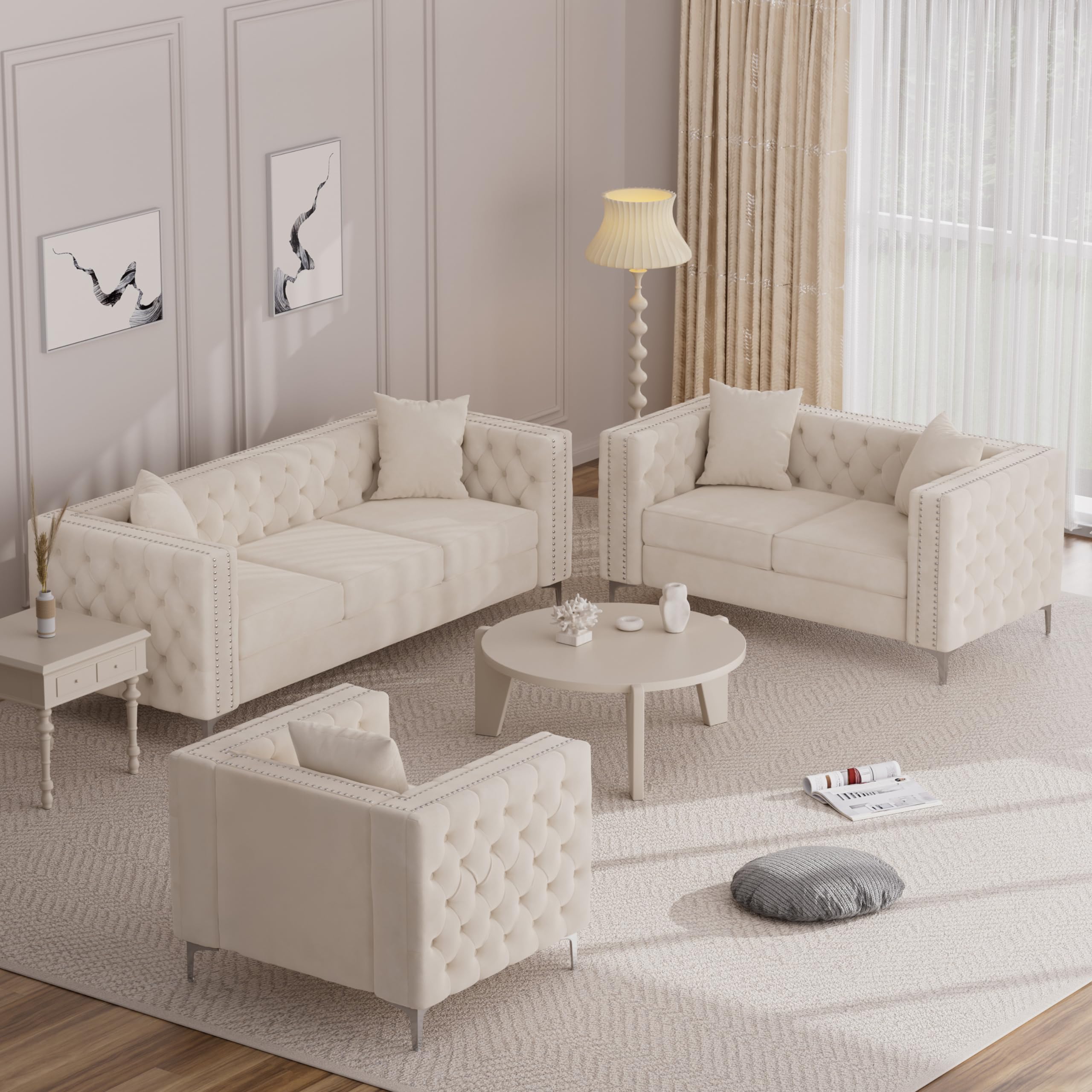 Morden Fort Couches for Living Room, 85“Beige Morden Sofa with Button Tufted, Nailhead Trim, 3-Seater Velvet Sofa for Apartroom, Bedroom, Office