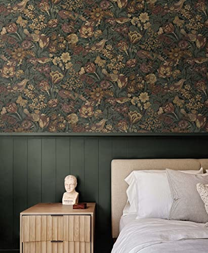 NextWall Bird Floral Vintage Peel and Stick Wallpaper (Mahogany & Graphite)