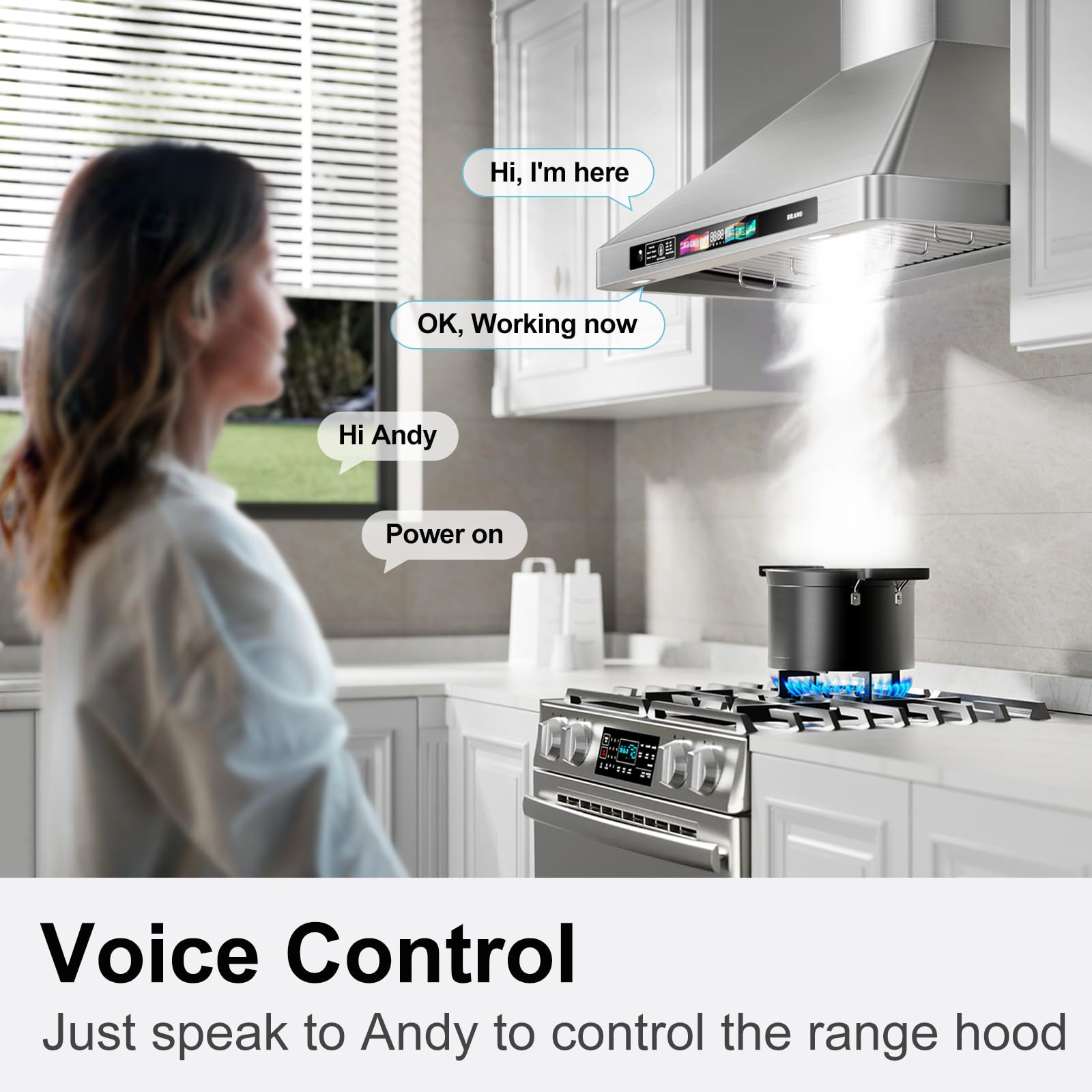 BRANO 30 Inch Wall Mount Range Hood with Voice/Gesture/Touch Control, 900 CFM Stainless Steel Kitchen Hood Vent with 4 Speed Exhaust Fan, 4 Adjustable Lights, Memory Mode, Ducted/Ductless Convertible