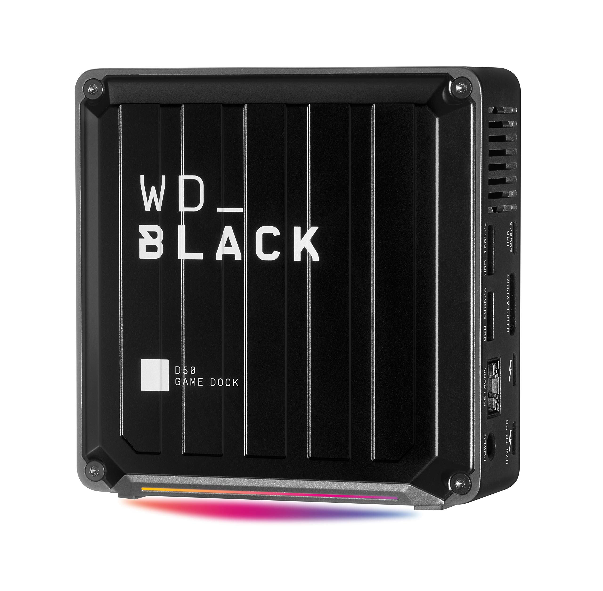 WD_Black D50 Game Dock. 2X Thunderbolt 3 Ports, DisplayPort 1.4, 2X USB-C & 3X USB-A, Audio in/Out, Gigabit Ethernet; Customizable RGB Lighting